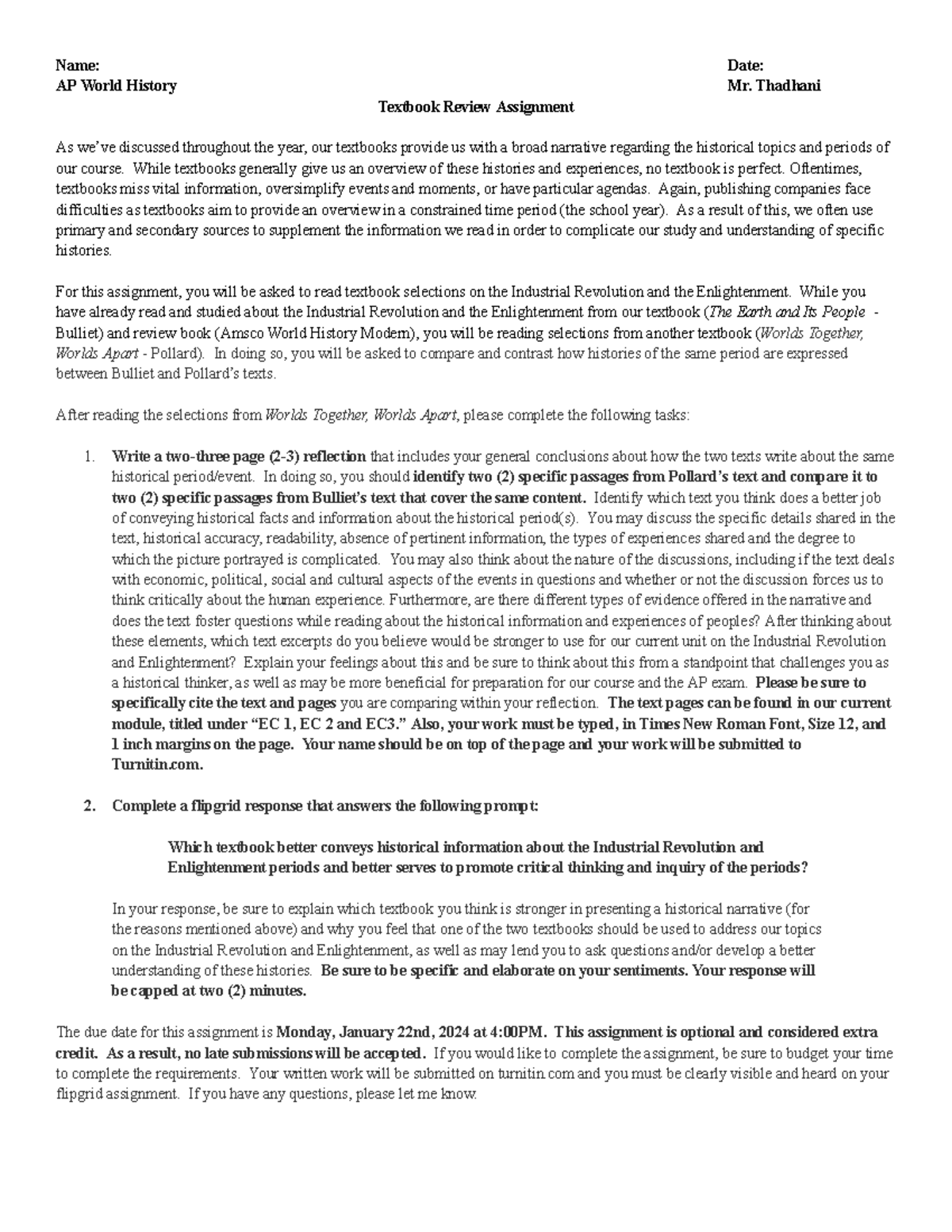 AP World History Text Review Assignment - Name: Date: AP World History ...