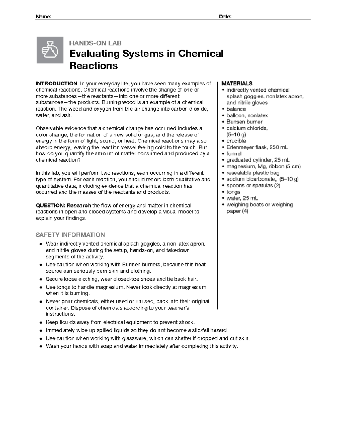 Lab #6 - CHEMISTRY - Name: Date: HANDS-ON LAB Evaluating Systems in ...