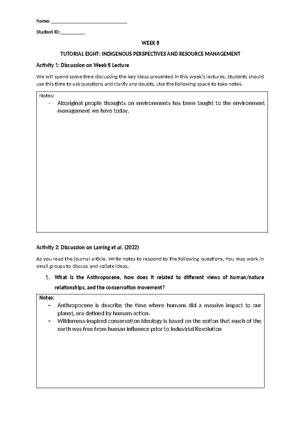 Envs10001 workbook w8 2023 - Student ID:__________ WEEK 8 TUTORIAL EIGHT: INDIGENOUS ...