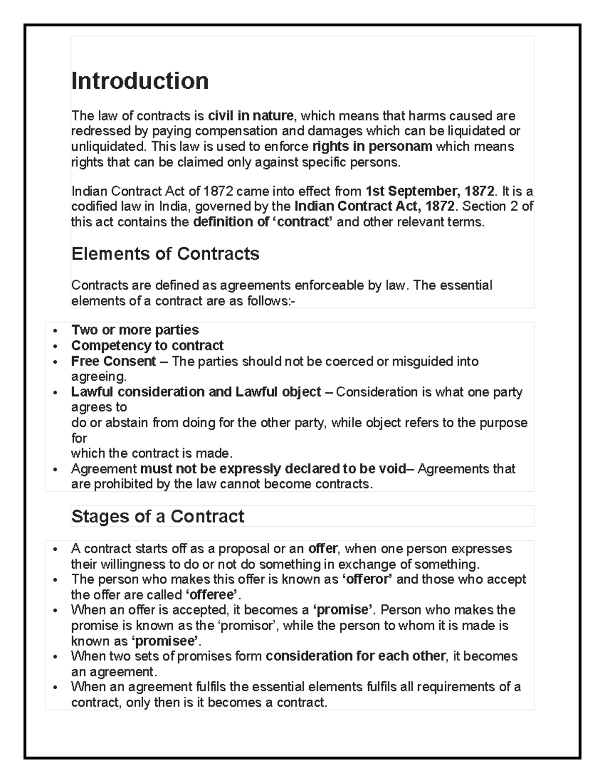 Contract - Introduction The law of contracts is civil in nature, which means that harms caused ...