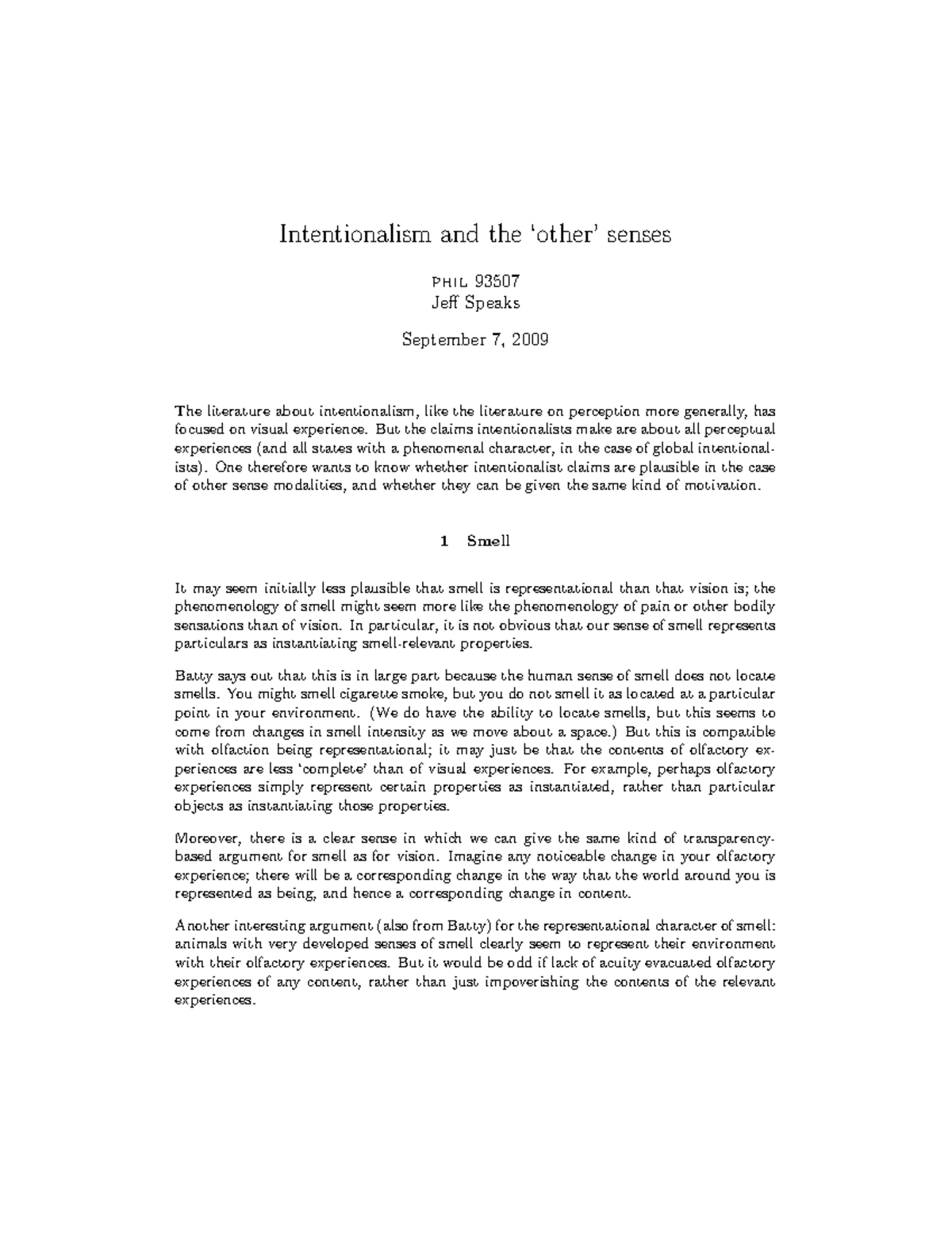 Intentionalism and the ‘other’ senses - September 7, 2009 ...