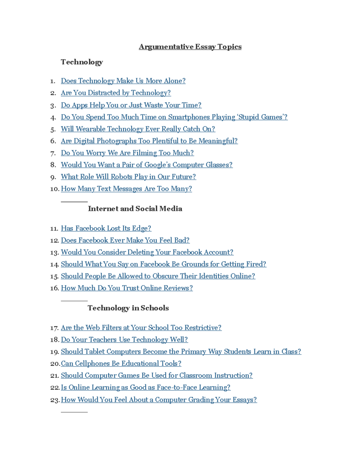 Argumentative Essay Topics - Argumentative Essay Topics Technology Does ...