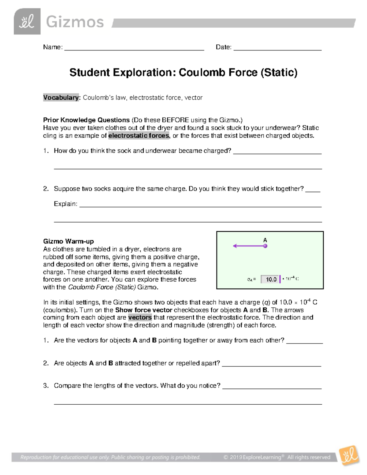 Coulomb Force SE - Gizmo questions - Name ...