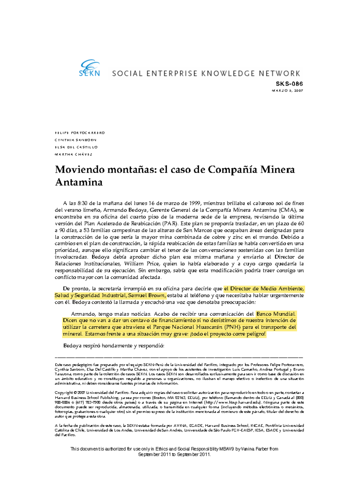 CASO Antamina - dsads - S K S - 0 8 6 M A R Z O 5 , 2 0 0 7 Este caso ...