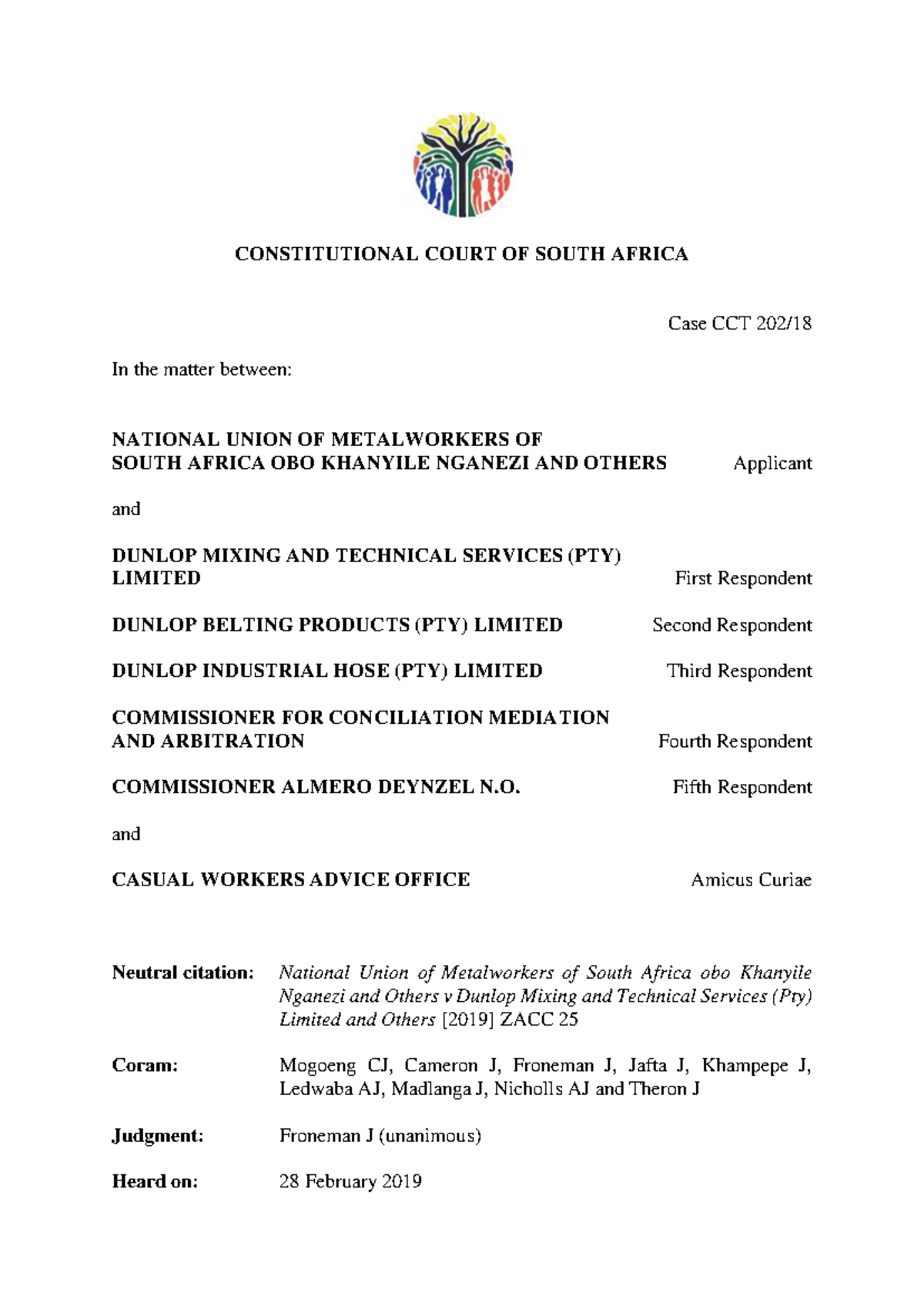 NATIONAL UNION OF METALWORKERS OF SOUTH AFRICA OBO KHANYILE NGANEZI AND ...