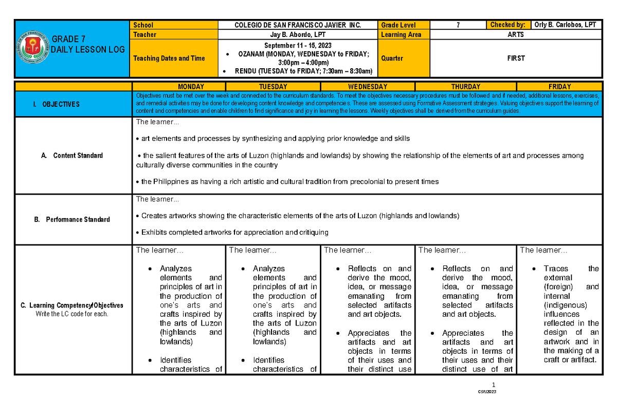 Gr.7-DLL - ARTS week4 - Sample only - 1 GRADE 7 DAILY LESSON LOG School ...