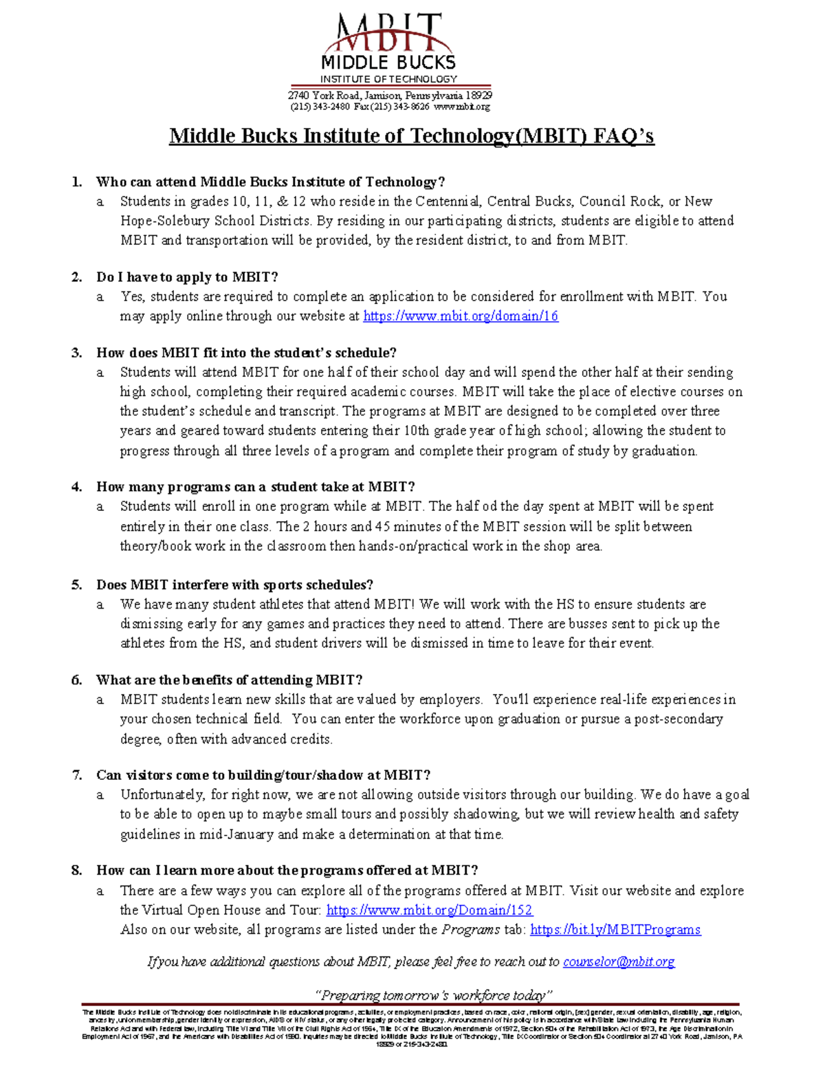 MBIT FAQs - Facts - MIDDLE BUCKS INSTITUTE OF TECHNOLOGY 2740 York Road ...