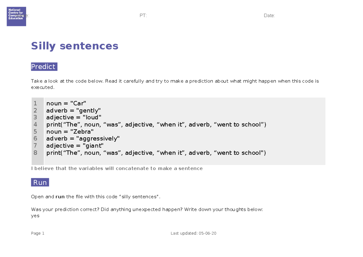 A2 Worksheet - Silly sentences - Silly sentences Predict. Take a look ...