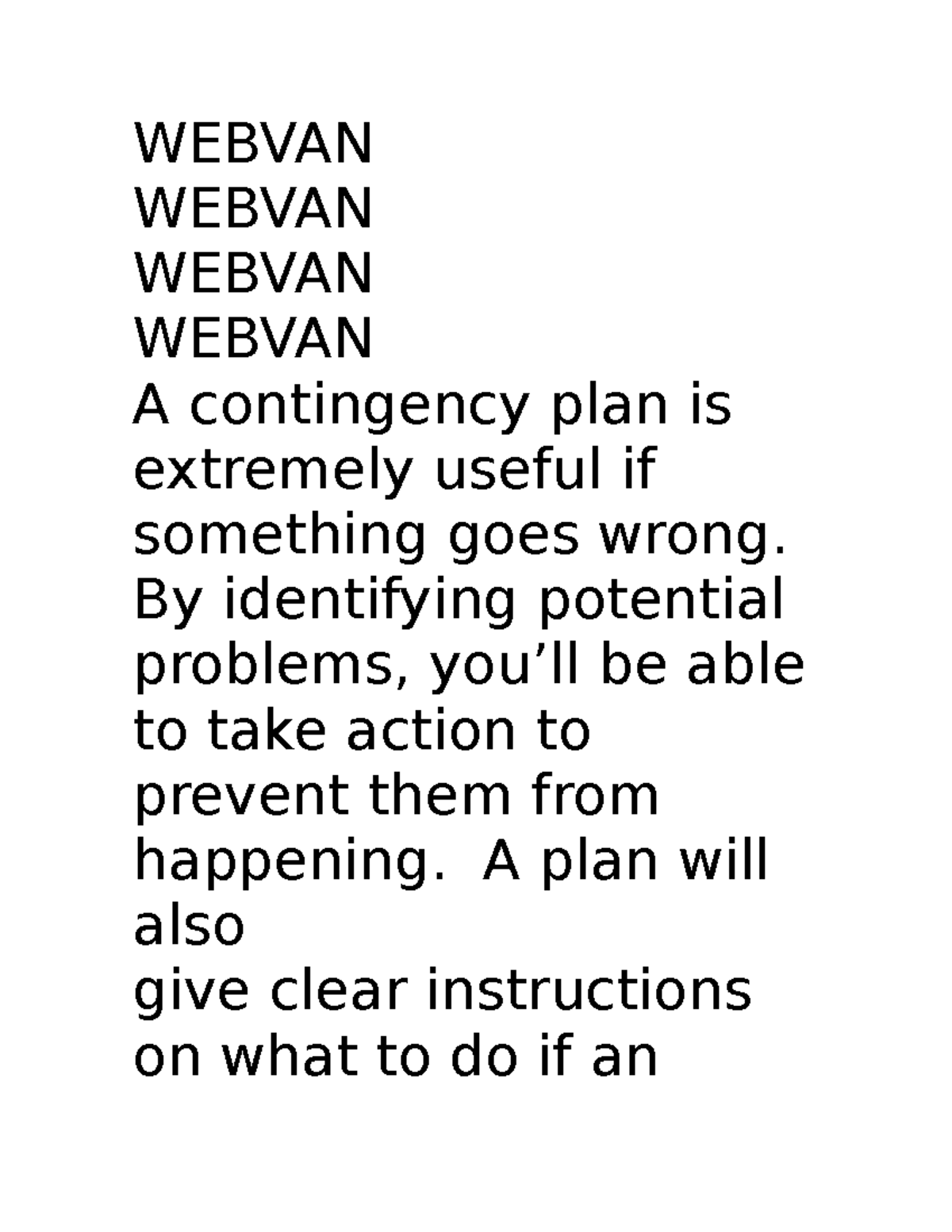 Webvan - WEBVAN WEBVAN WEBVAN WEBVAN A contingency plan is extremely ...
