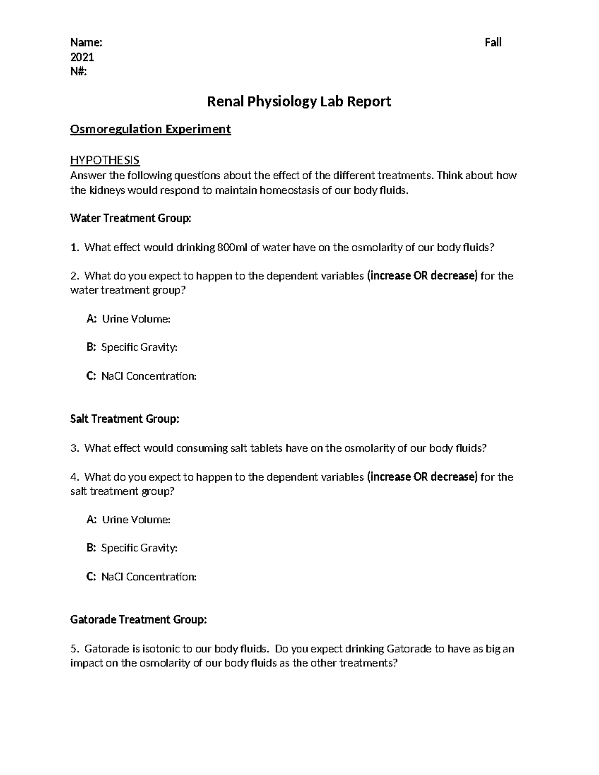 Renal Physiology Lab Report EDIT - Name: Fall 2021 N#: Renal Physiology ...