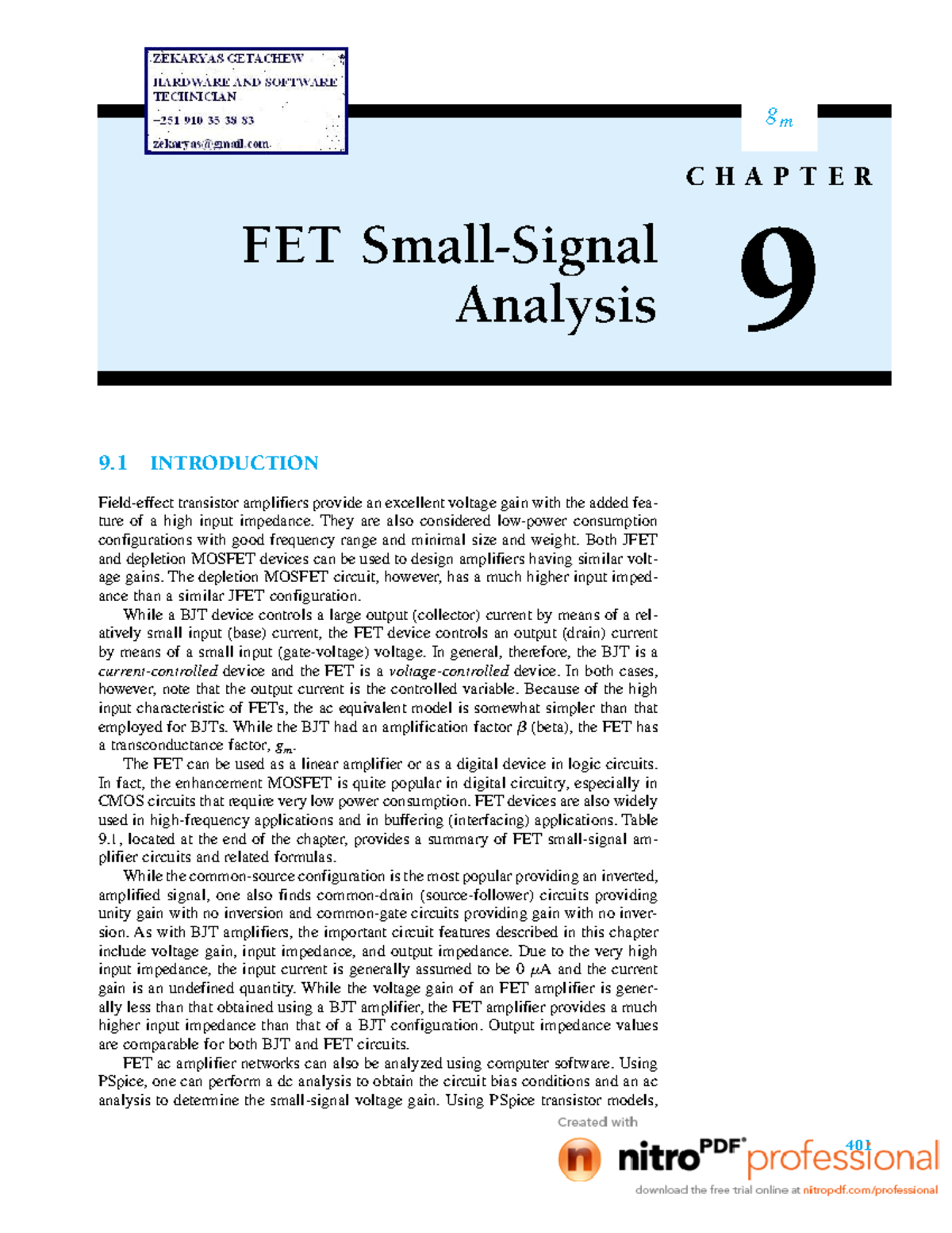 BOY DEV CHAP 09 - kjhjguygyugu - C H A P T E R 9 FET Small-Signal Analysis 9 INTRODUCTION - Studocu