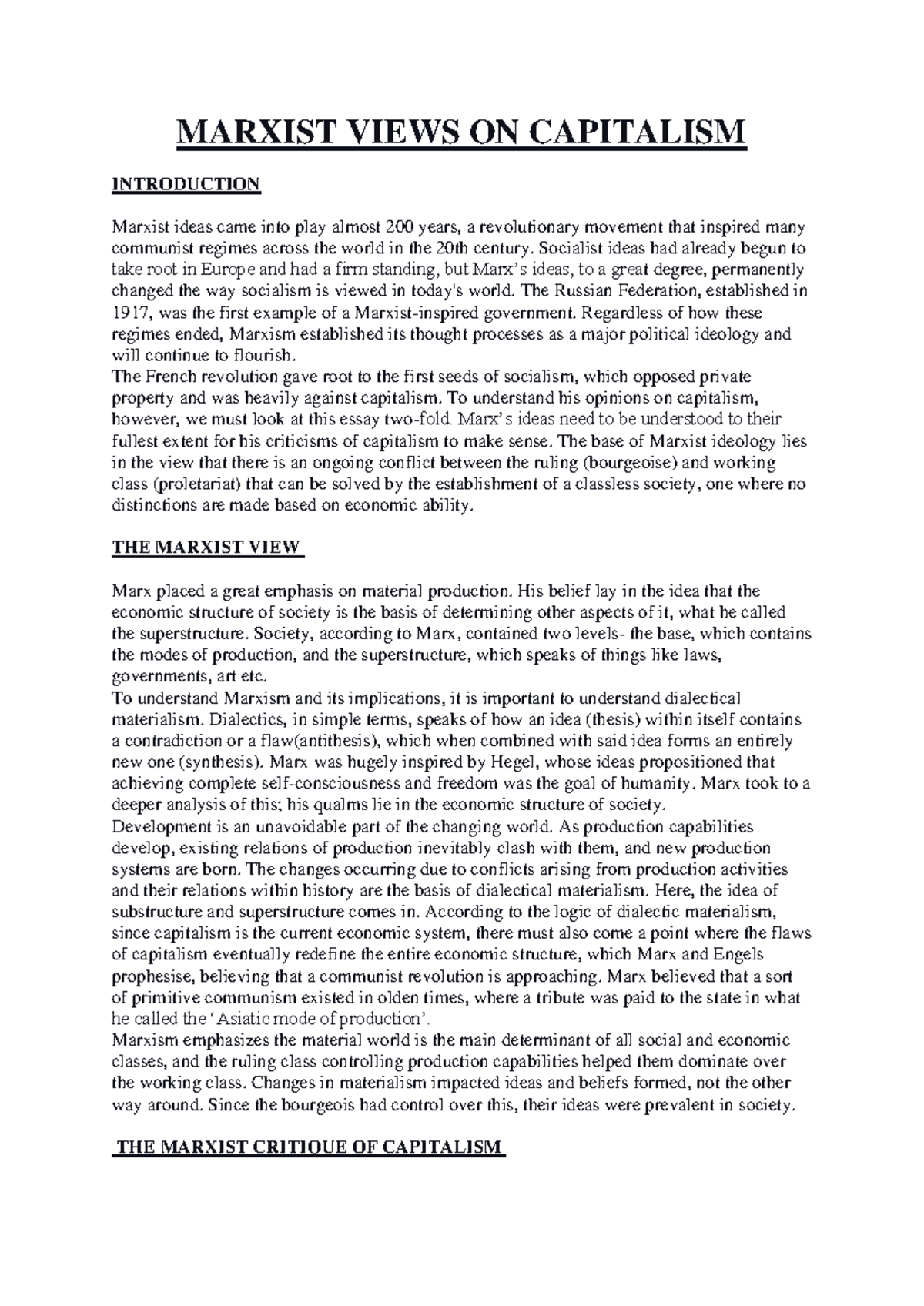 Marxism - MARXIST VIEWS ON CAPITALISM INTRODUCTION Marxist ideas came ...