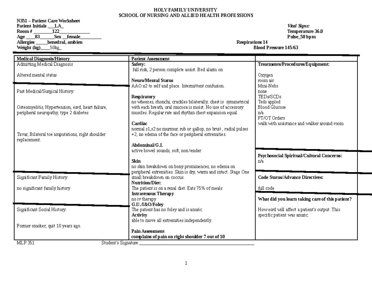 361 Patient Care Worksheet 2 (1) cehm - HOLY FAMILY UNIVERSITY SCHOOL ...