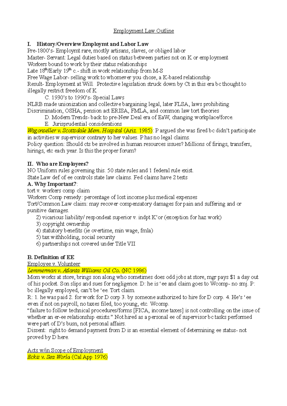 Employment Discrimination Law Outline - Employment Law Outline I ...