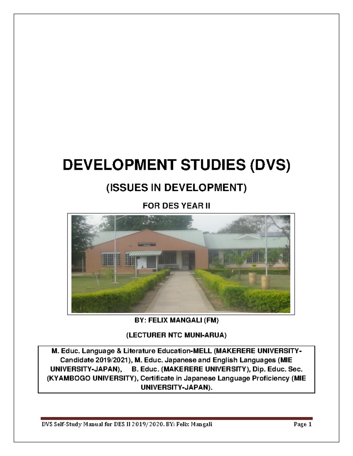 DVS Lecture Notes - DEVELOPMENT STUDIES (DVS) (ISSUES IN DEVELOPMENT ...
