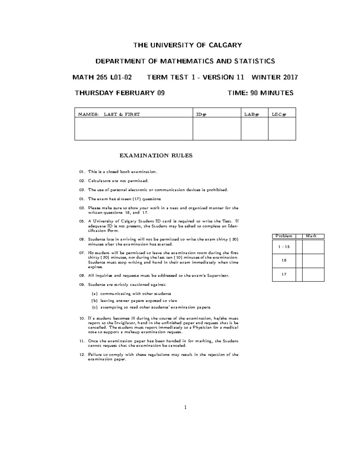 Sample Midterm 1 2017 - THE UNIVERSITY OF CALGARY DEPARTMENT OF ...
