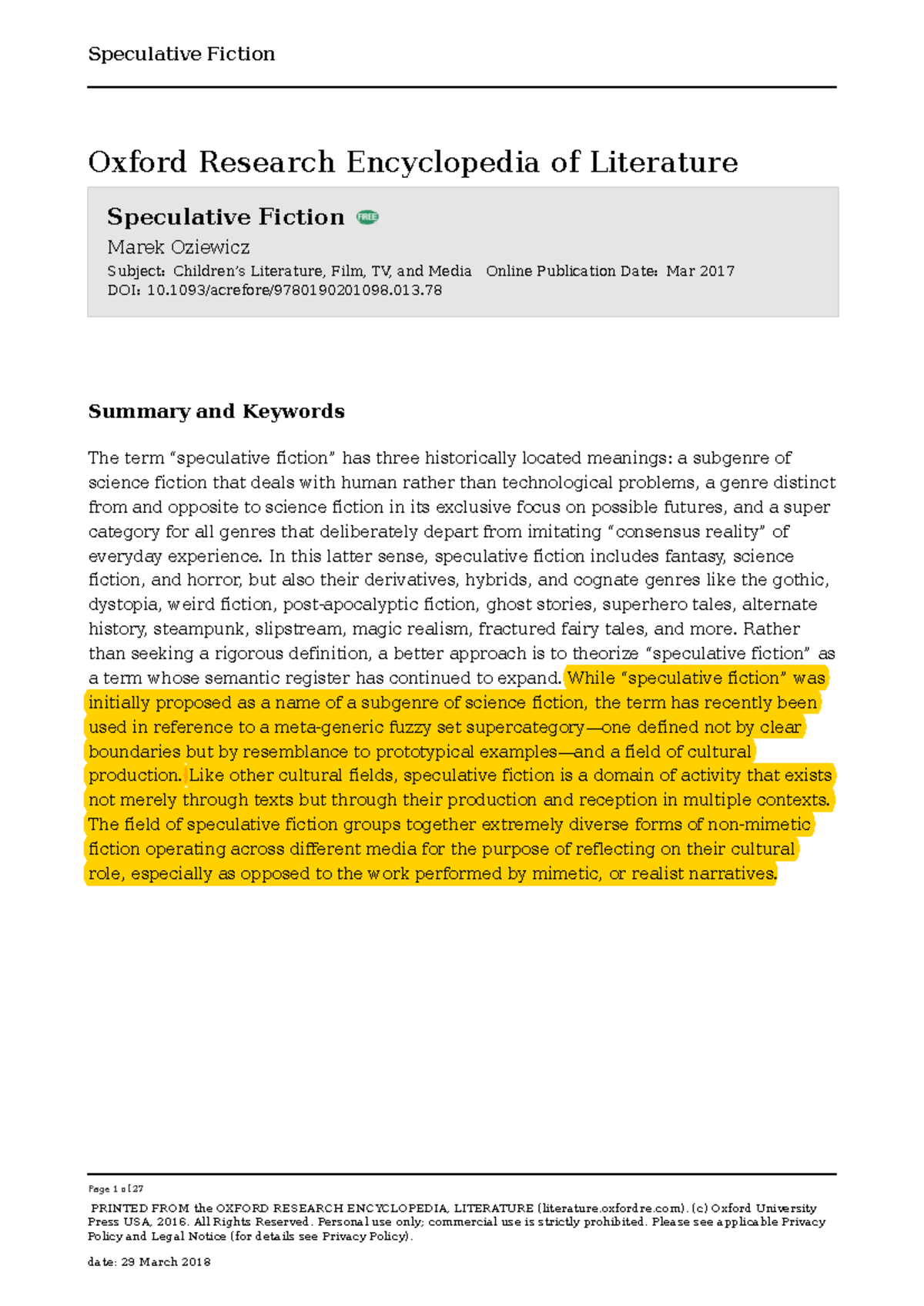 Spec Fiction Oxford - Page 1 of 27 PRINTED FROM the OXFORD RESEARCH ...