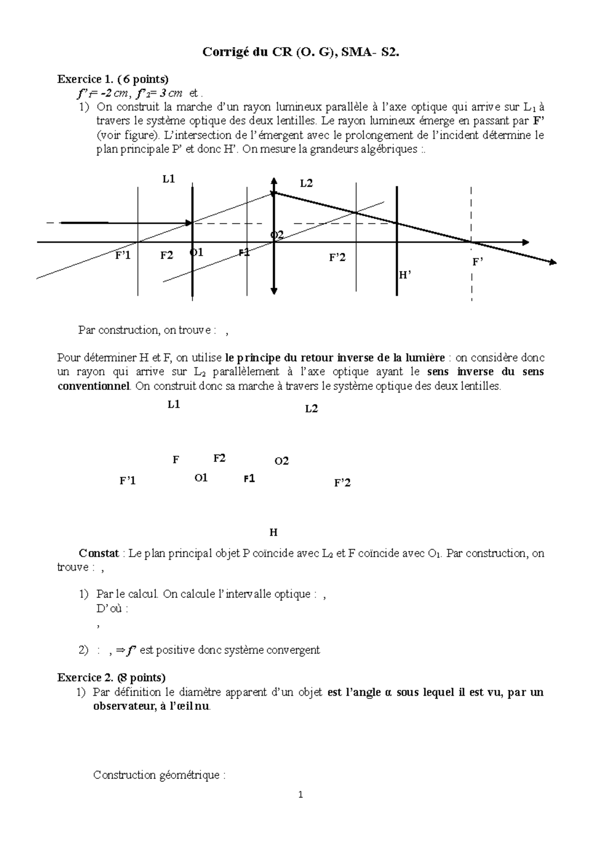 Optique corrigé du contrôle rattrapage - F 1 L 1 O 2 F’1 F 2 O 1 F’ L 2 ...