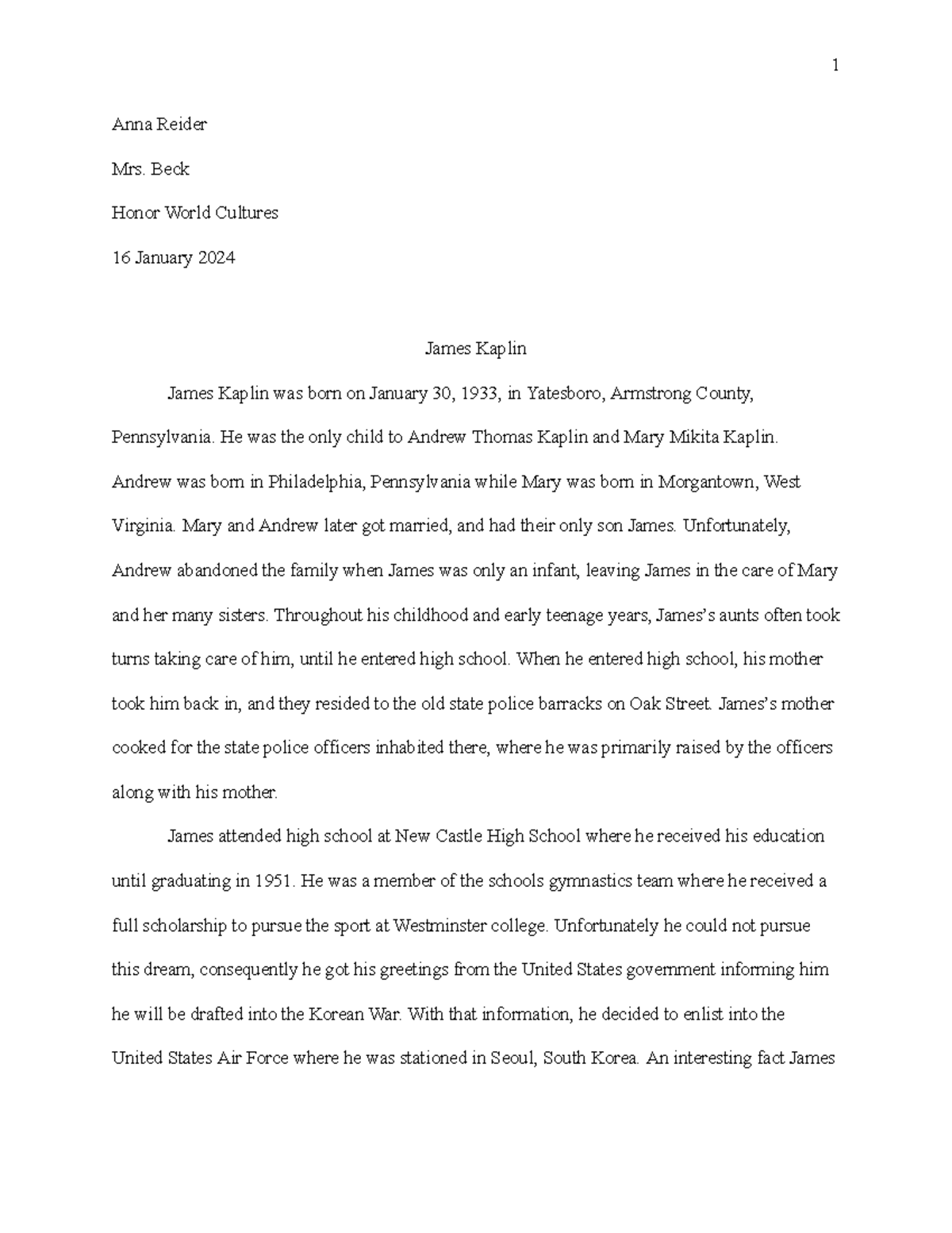 Anna Reider- Biographical Sketch - 1 Anna Reider Mrs. Beck Honor World ...