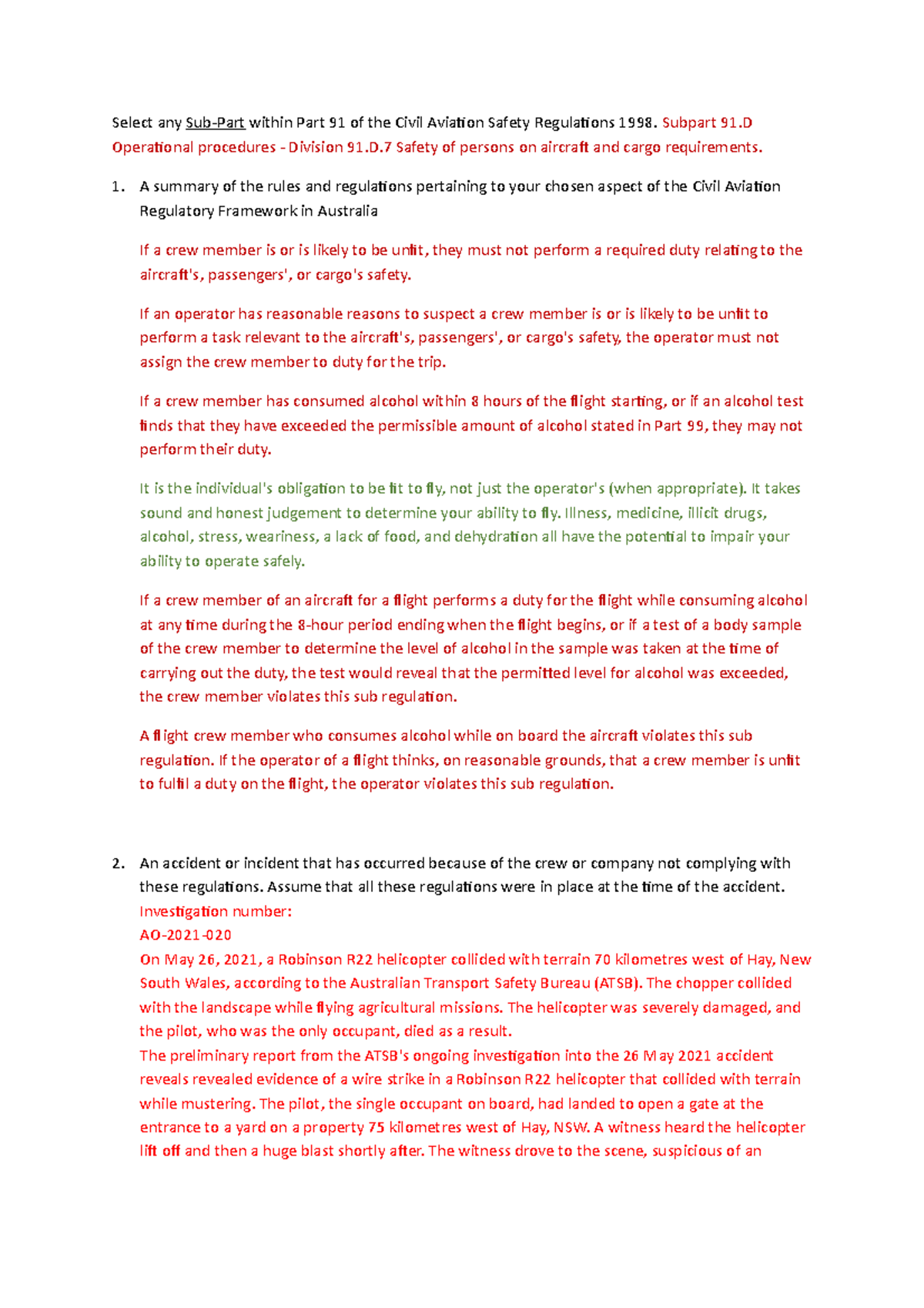 Aviation Legislation Assessment 1 - Select any Sub-Part within Part 91 ...