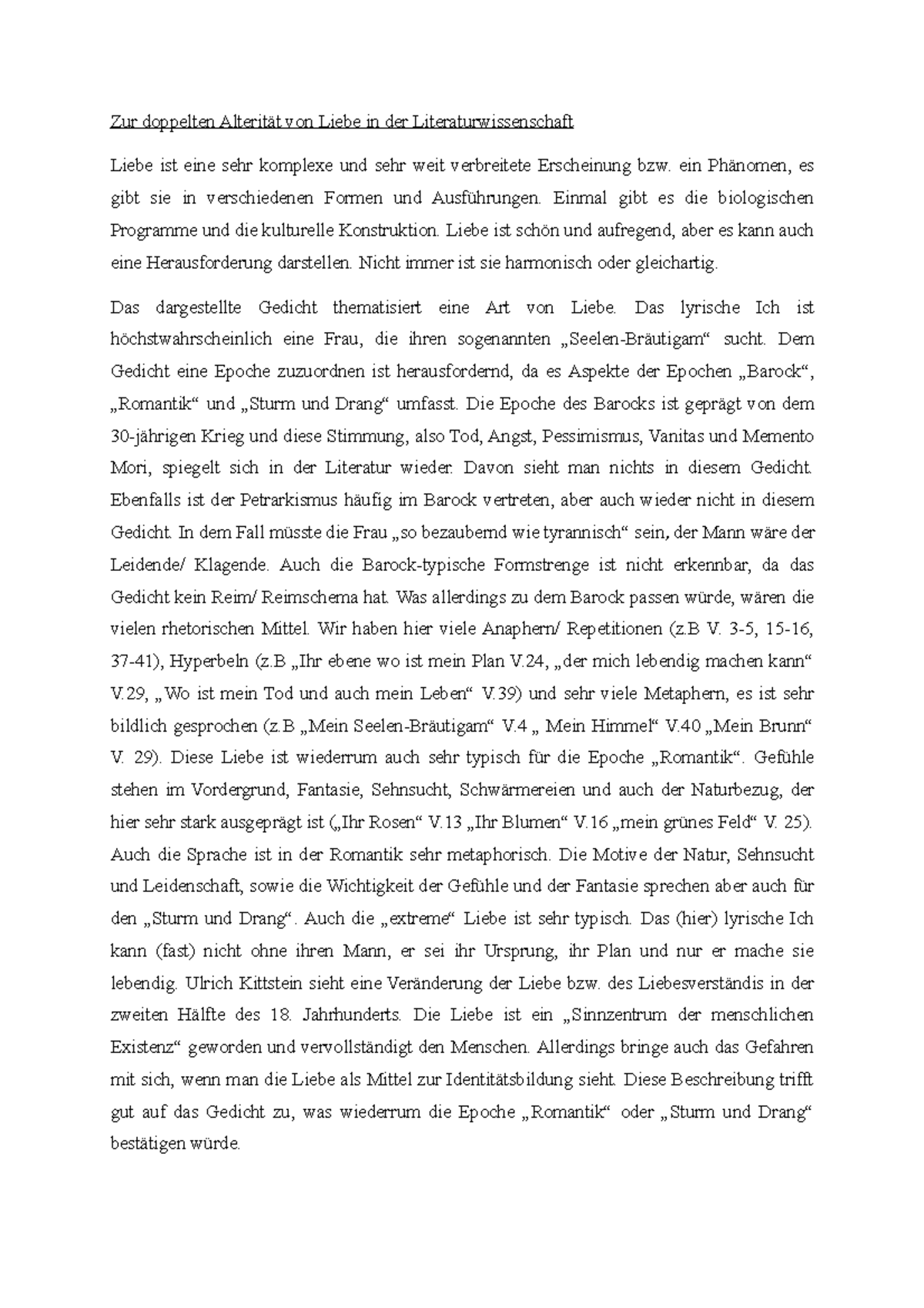 Essay doppelte Alterität der Liebe in der Literatur - Zur doppelten ...