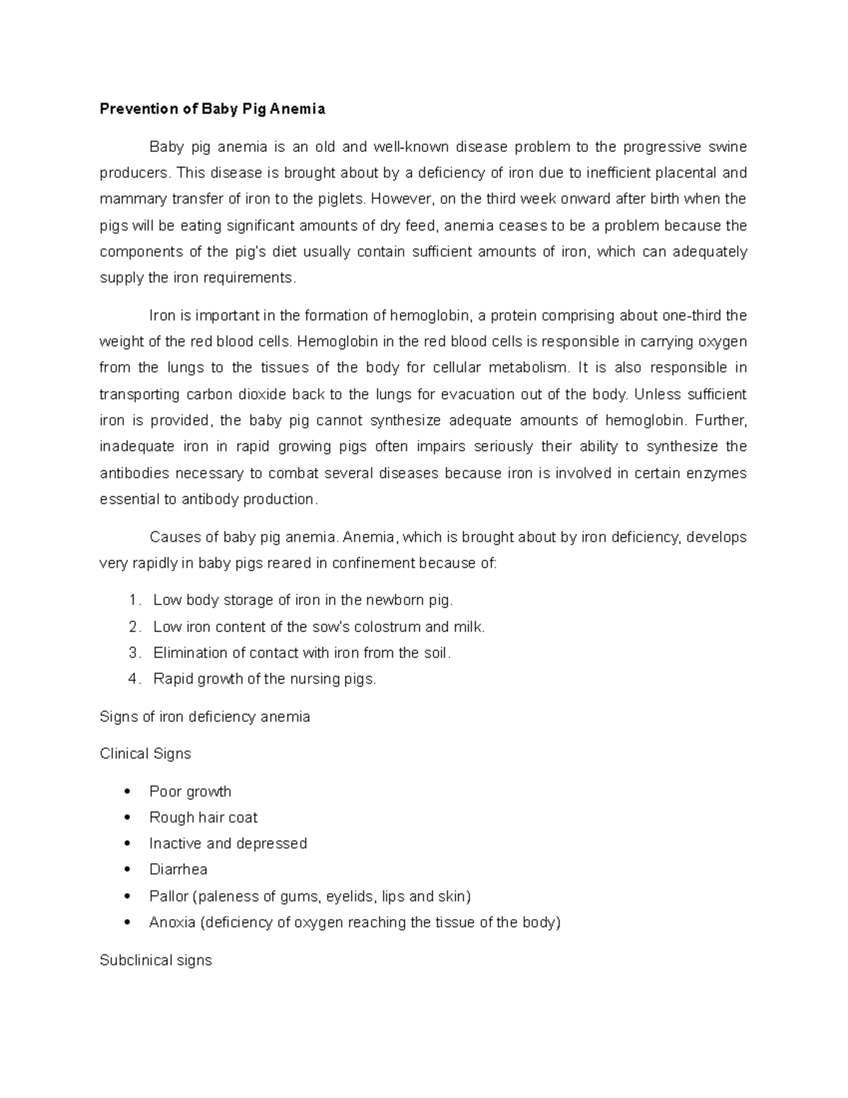 Prevention of Baby Pig Anemia - This disease is brought about by a ...