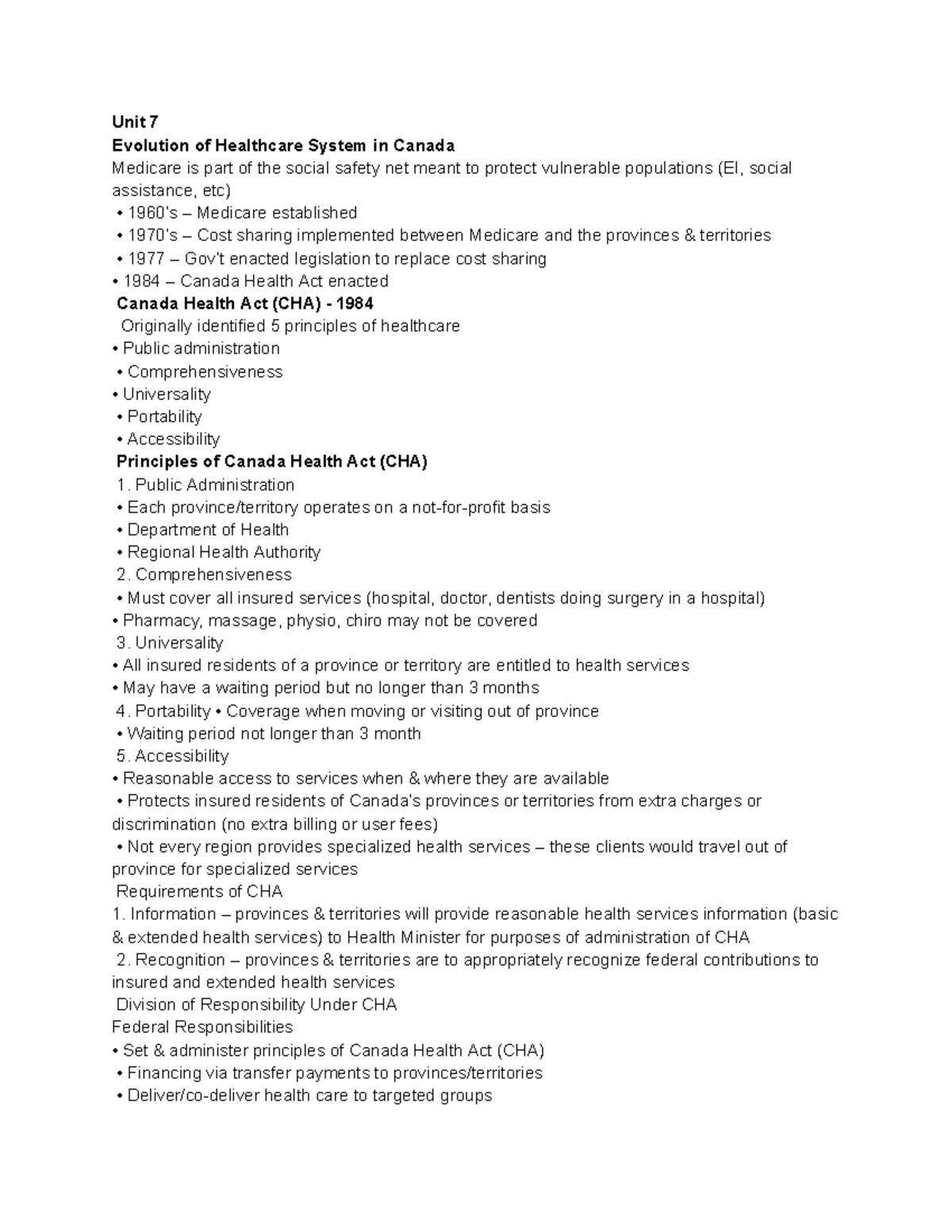 NFDN Units 7-10 notes - Unit 7 Evolution of Healthcare System in Canada ...