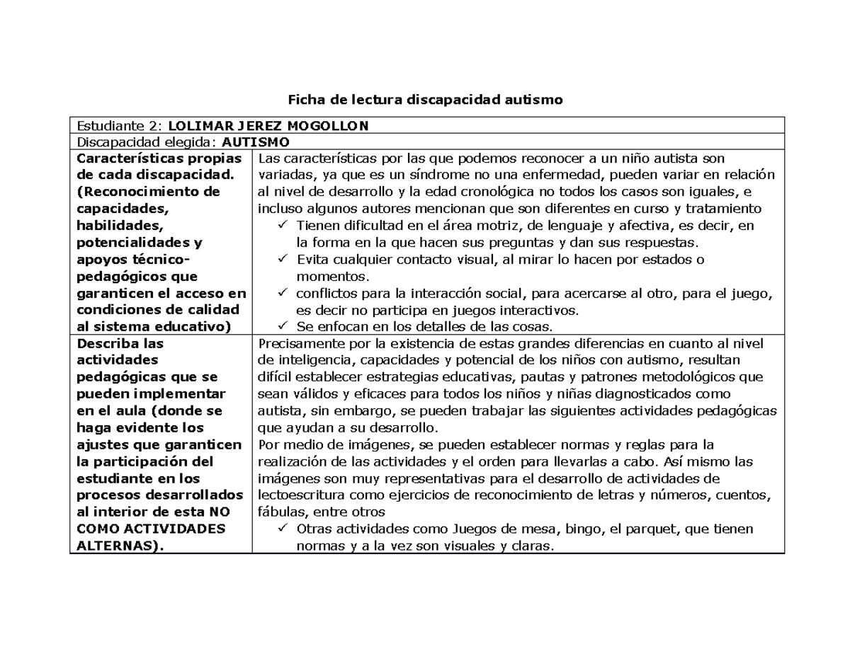 Ficha de lectura discapacidad autismo - Ficha de lectura discapacidad ...