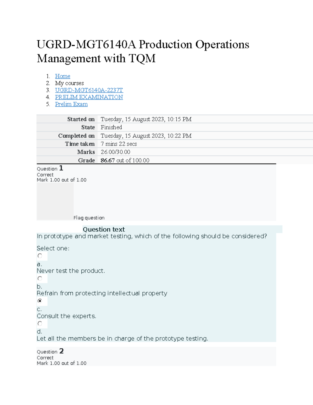 UGRD-MGT6140A Production Operations Management with TQM Prelim EXAM ...
