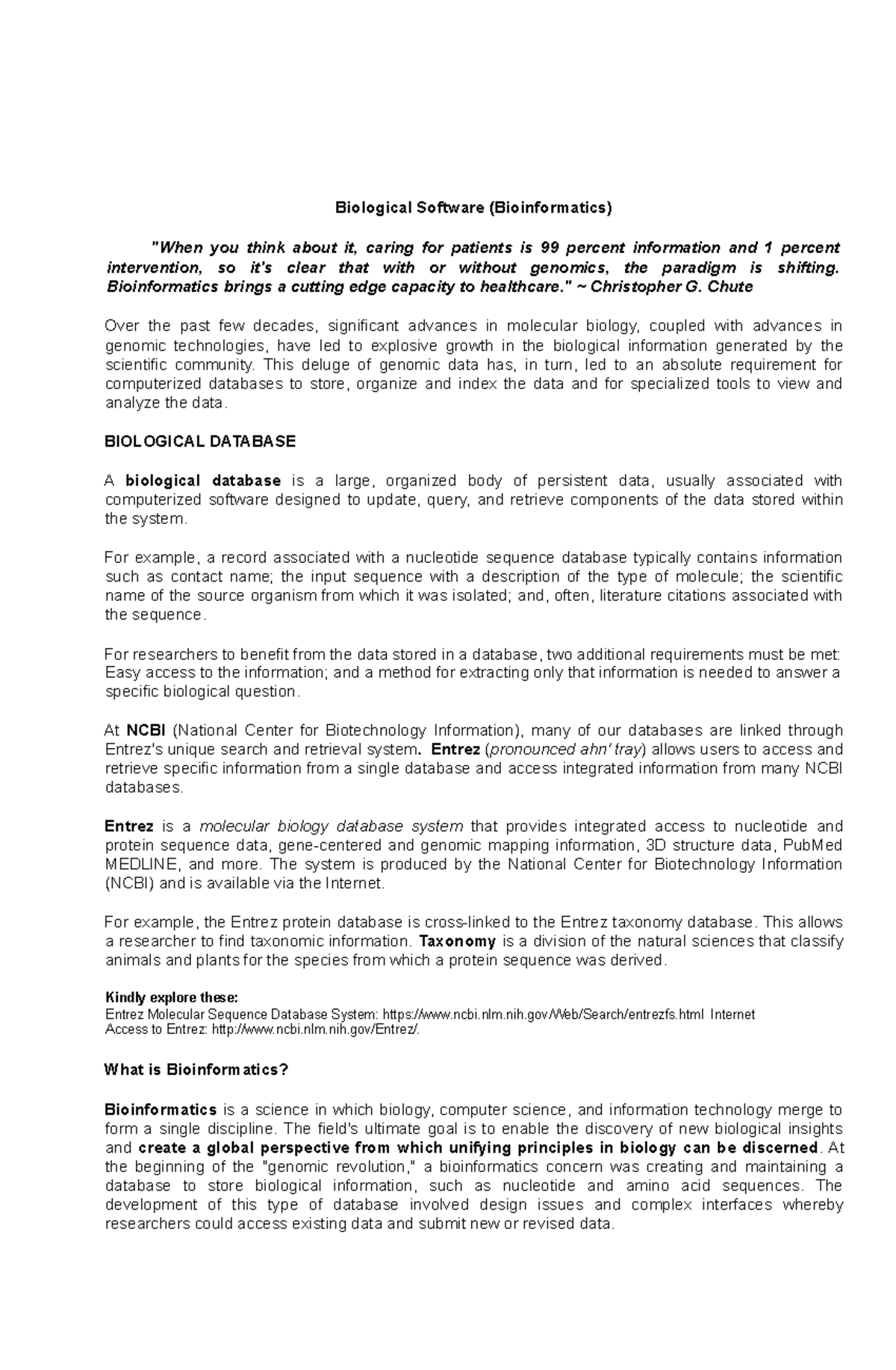 Biological Software Bioinformatics Biological Software
