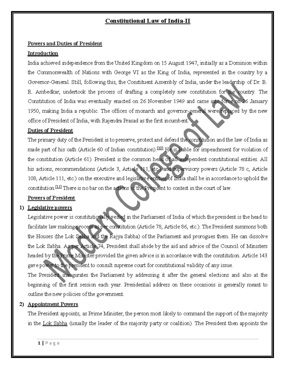 LLB NOTES of constitution ccs university - Powers and Duties of ...