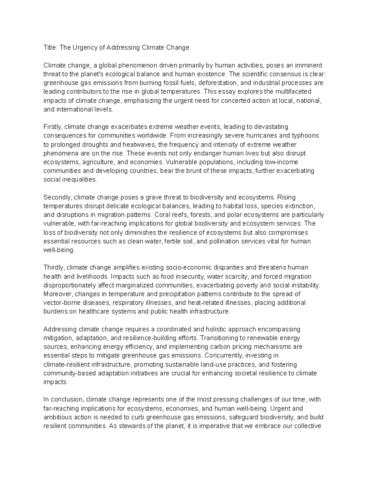 Climate Change Essay - Title: The Urgency of Addressing Climate Change ...