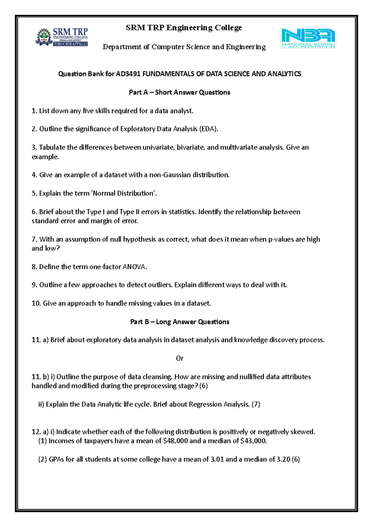 Question Bank for AD3491 Fundamentals OF DATA Science AND Analytics - SRM TRP Engineering ...