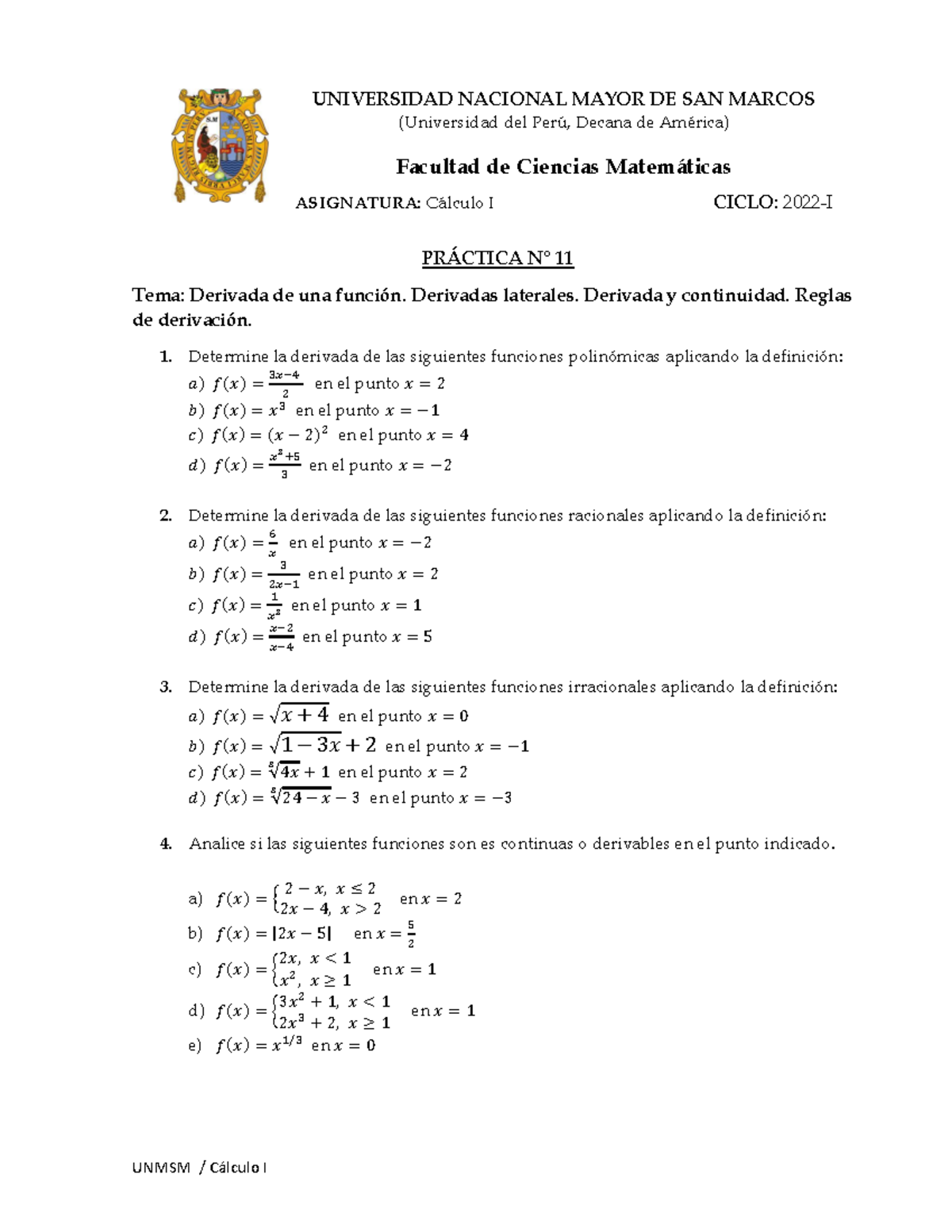 Guía de Práctica N°11 - UNMSM / C·lculo I UNIVERSIDAD NACIONAL MAYOR DE SAN MARCOS - Studocu