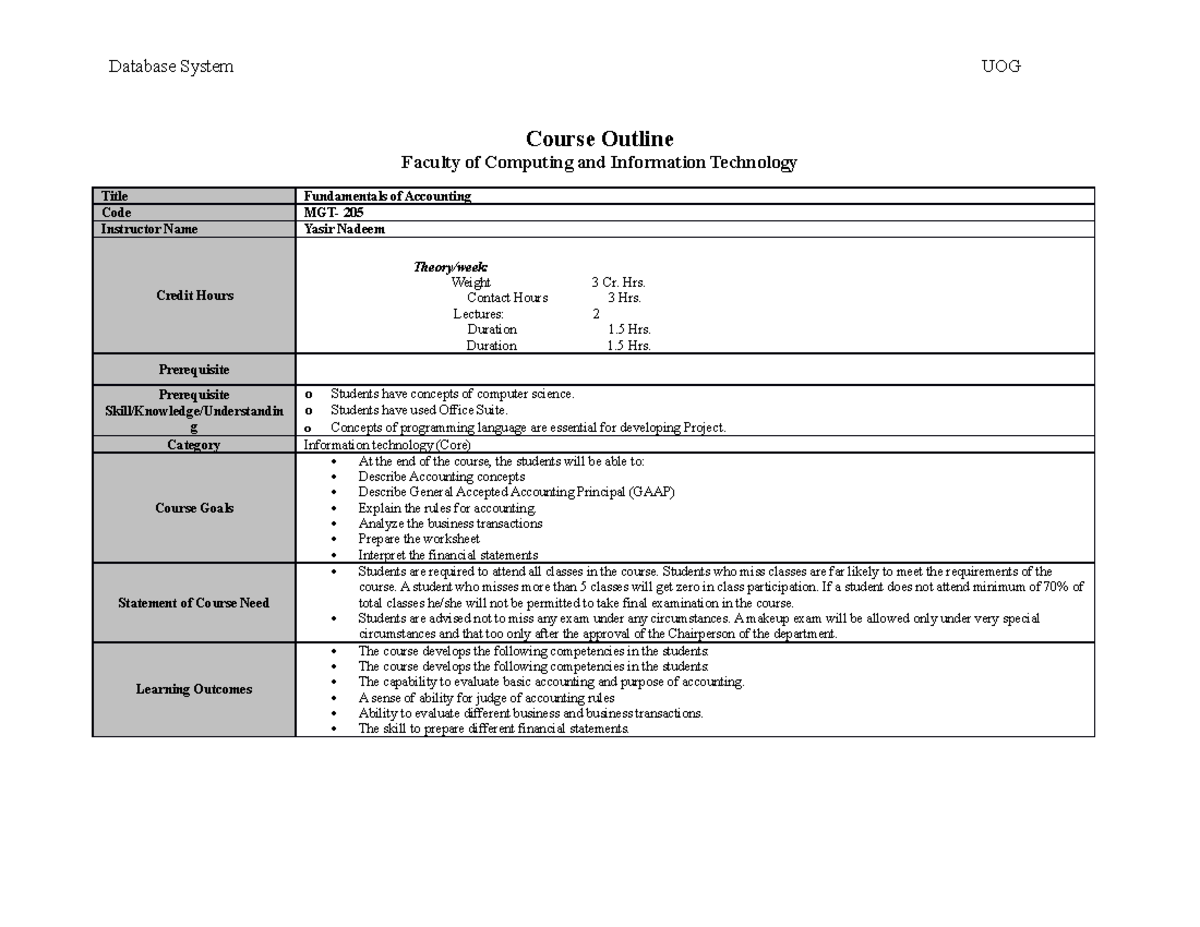 University Lecture Notes For Accounting - Course Outline Faculty of ...