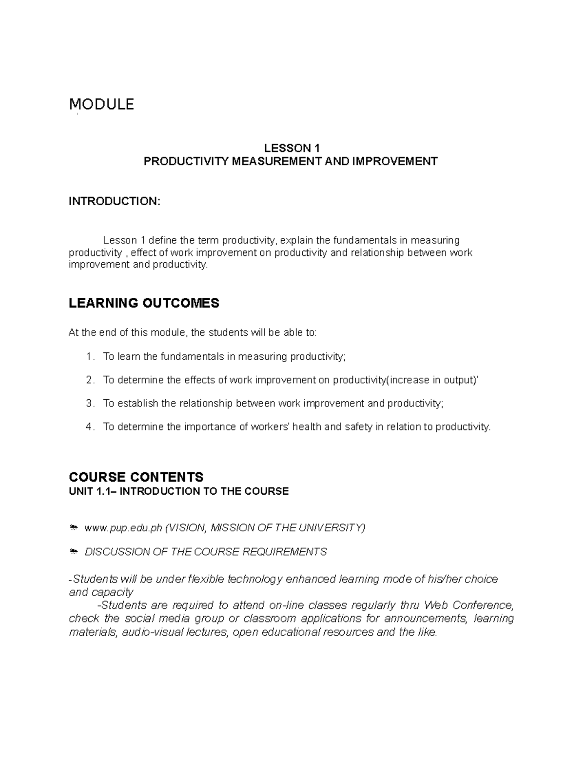 Module 1 - Random - MODULE LESSON 1 PRODUCTIVITY MEASUREMENT AND ...
