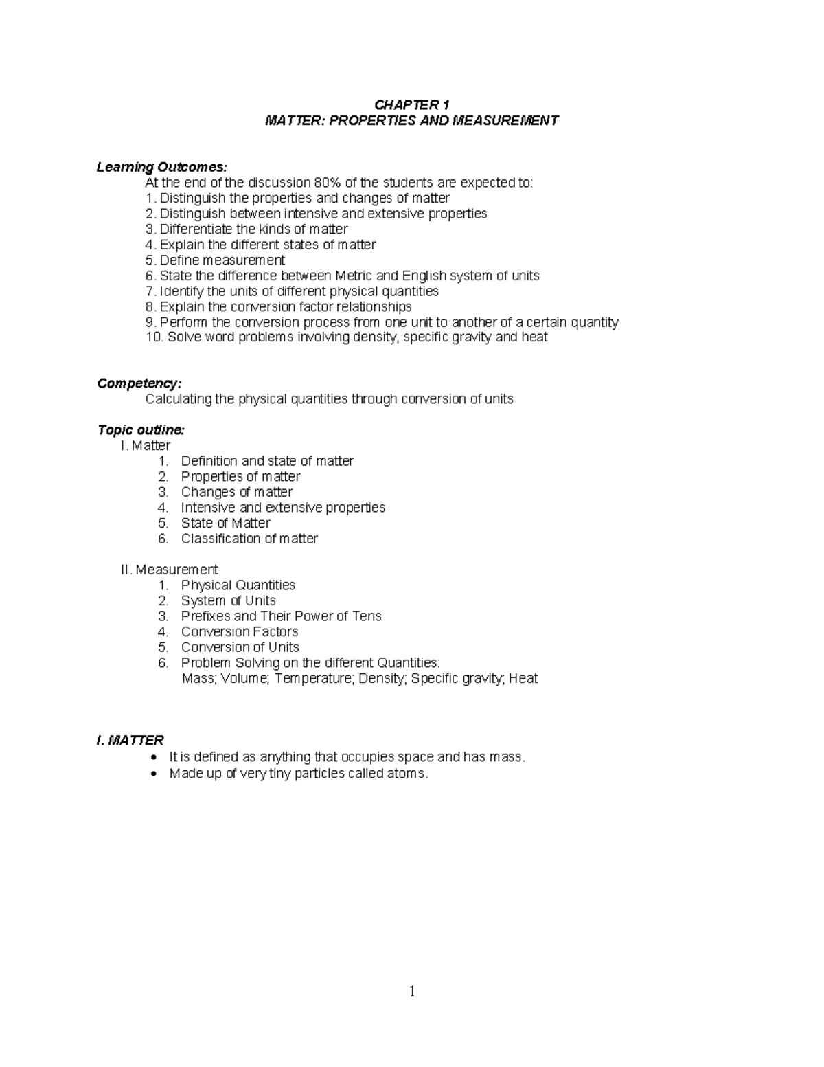M1C1 Matter - Properties AND Measurements - CHAPTER 1 MATTER ...