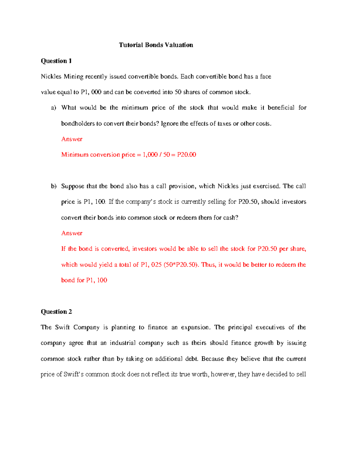 FIN 200 Tutorial Bonds Valuation with solutions - Tutorial Bonds Valuation Question 1 Nickles ...