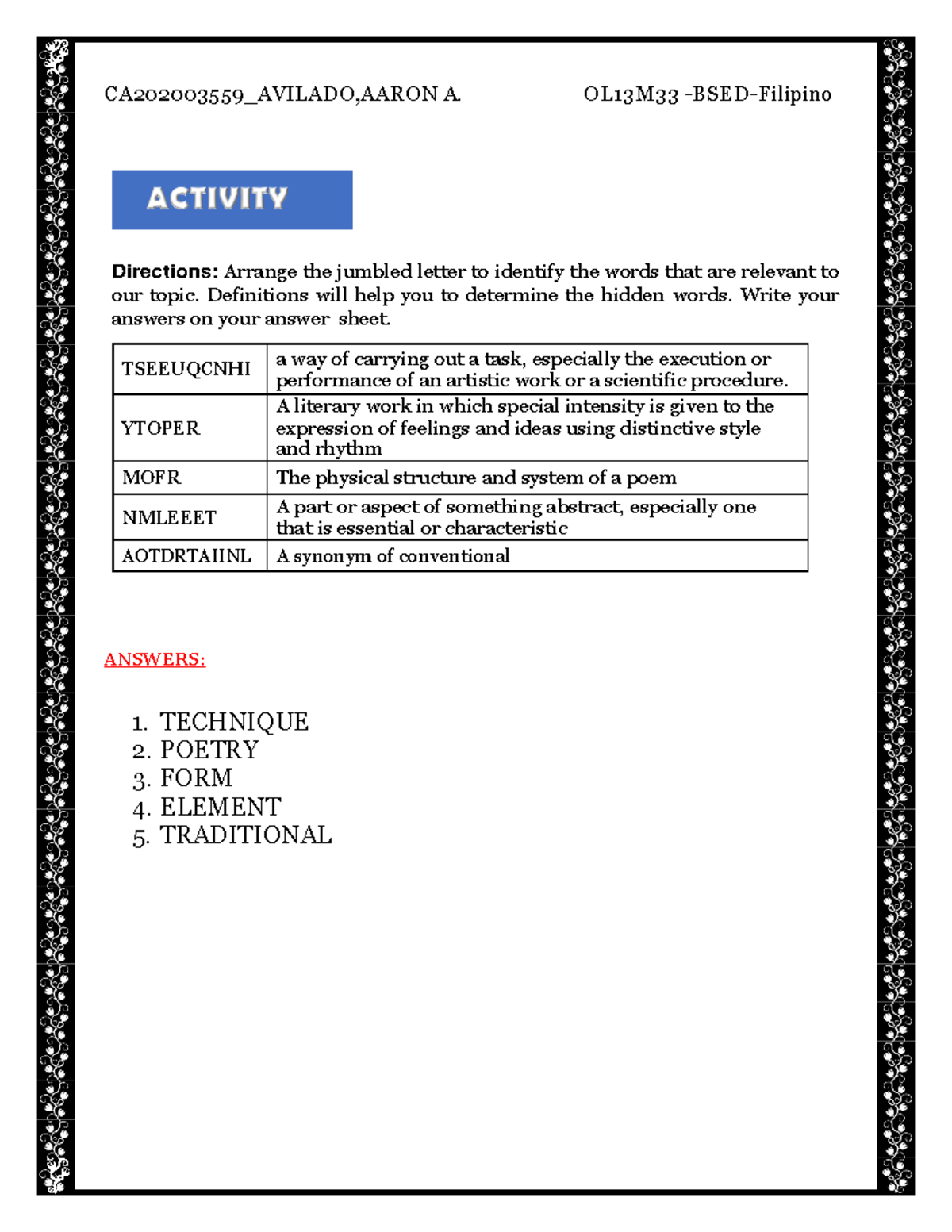 Creative Writing Activity 2 - CA202003559_AVILADO,AARON A. OL13M33 ...