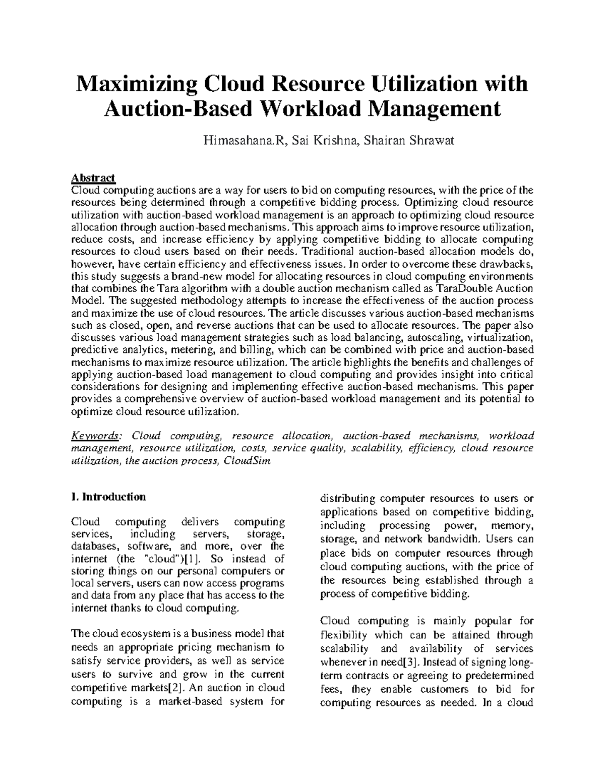 Maximizing Cloud Resource Utilization With Auction Based Workload Management Maximizing Cloud