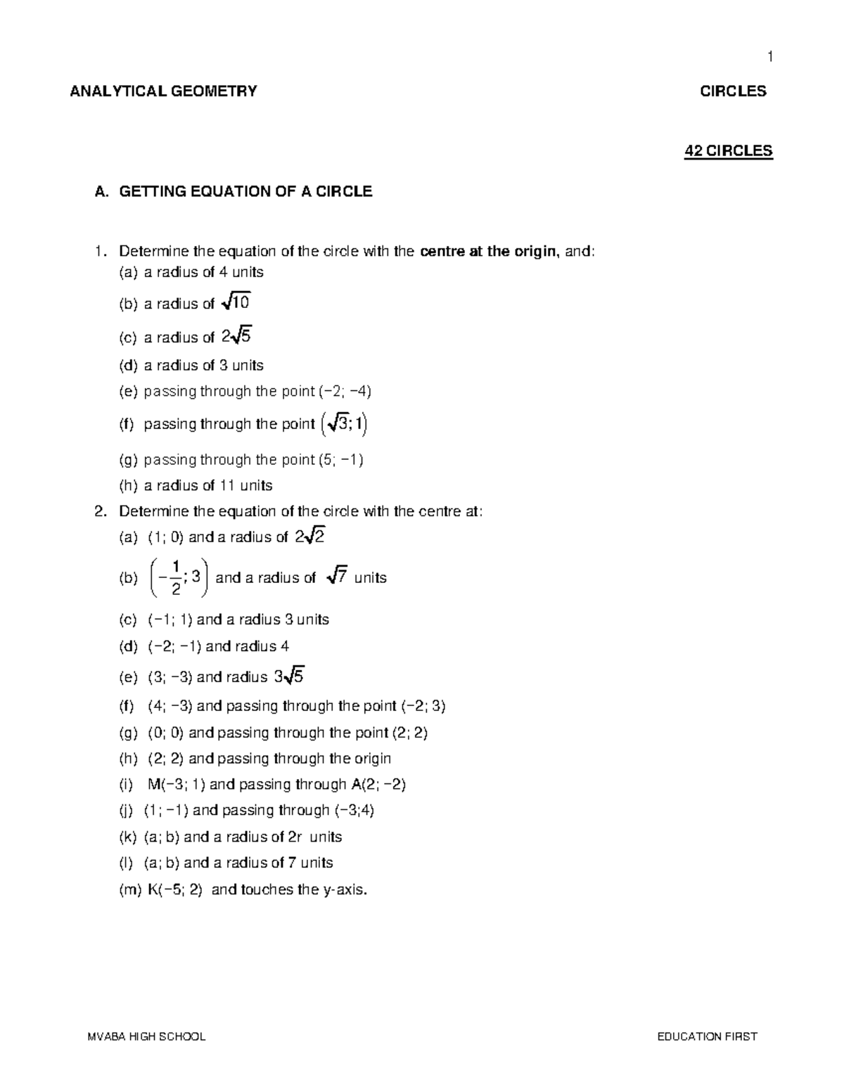 Analytical geometry circles intro 080555 - 1 MVABA HIGH SCHOOL ...