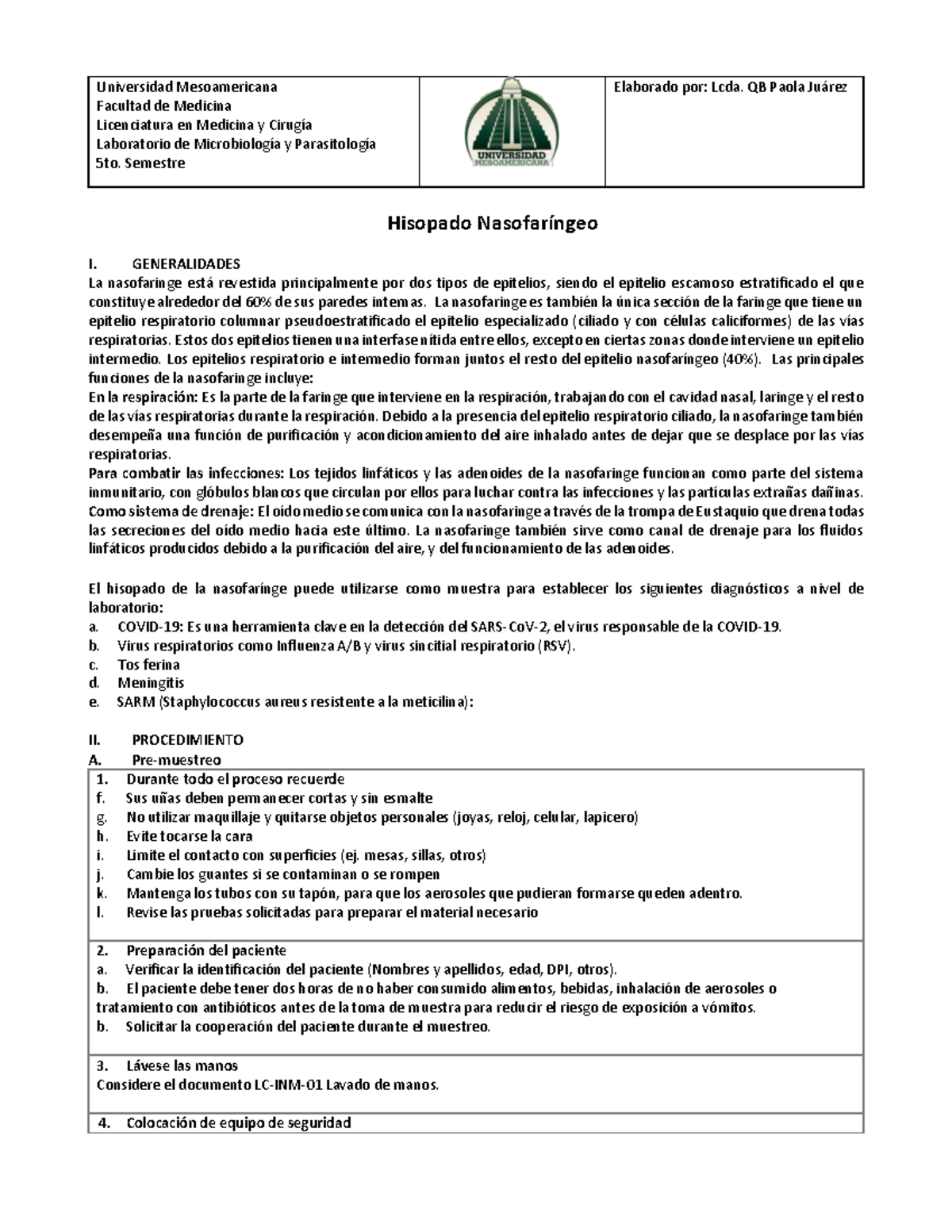 Práctica Hisopado Nasofaríngeo - Universidad Mesoamericana Facultad de ...