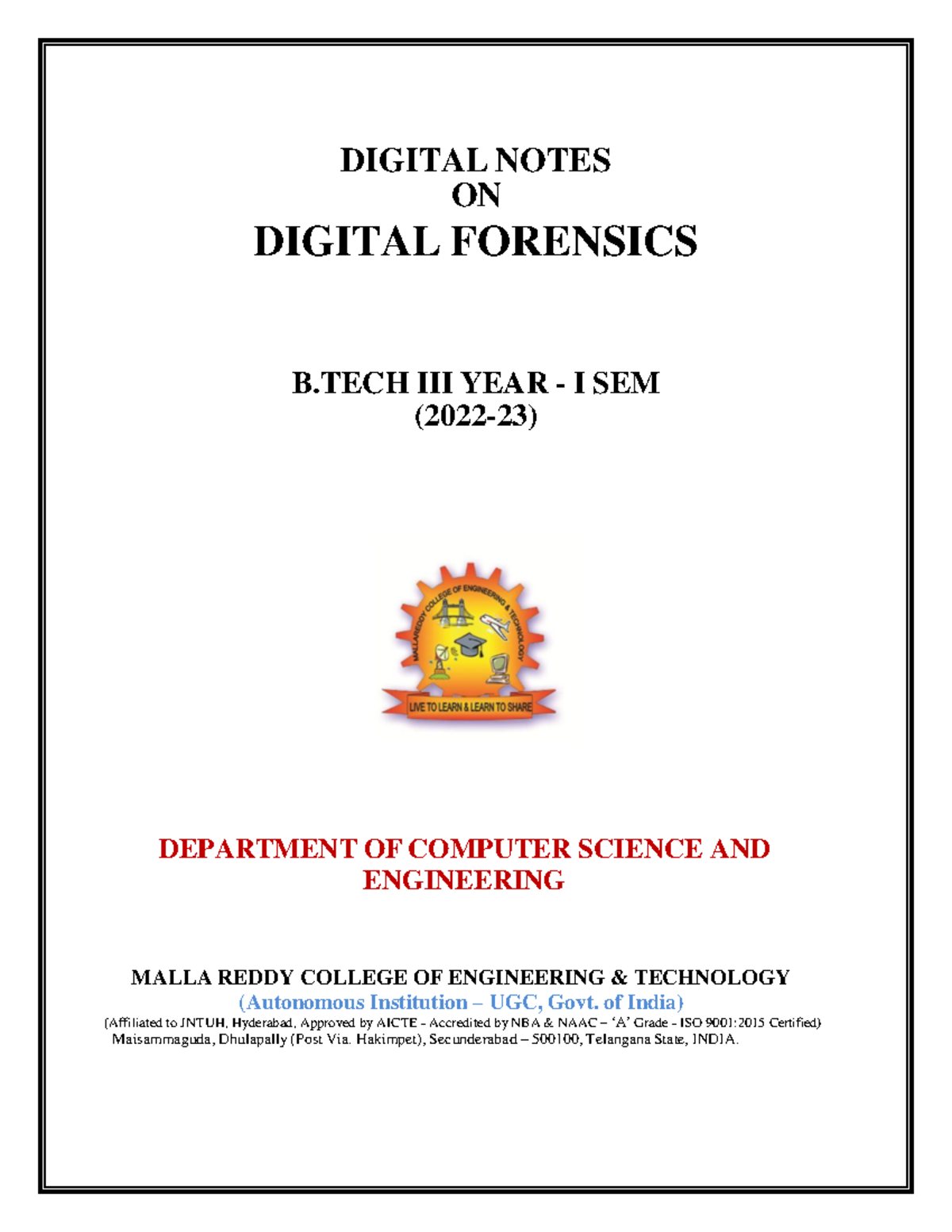 Digital Forensics - Good - DIGITAL NOTES ON DIGITAL FORENSICS B III ...