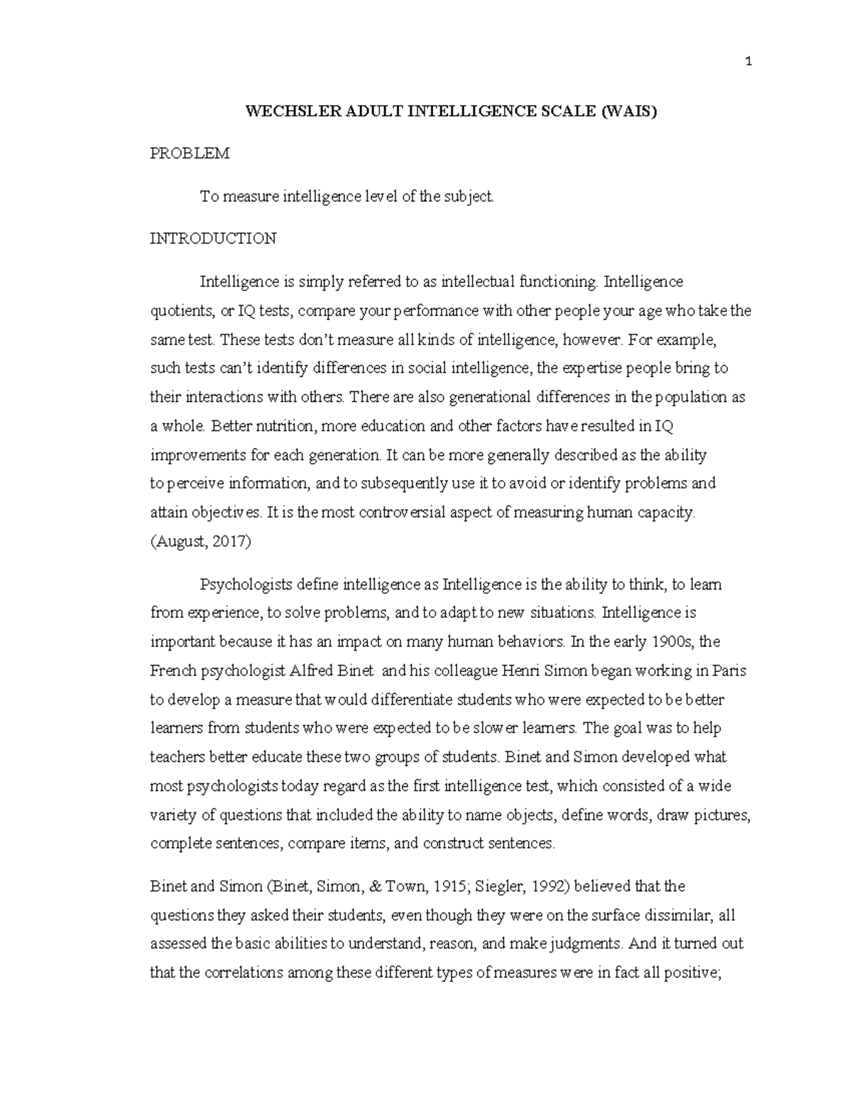 Practicals of Assessment update - WECHSLER ADULT INTELLIGENCE SCALE ...