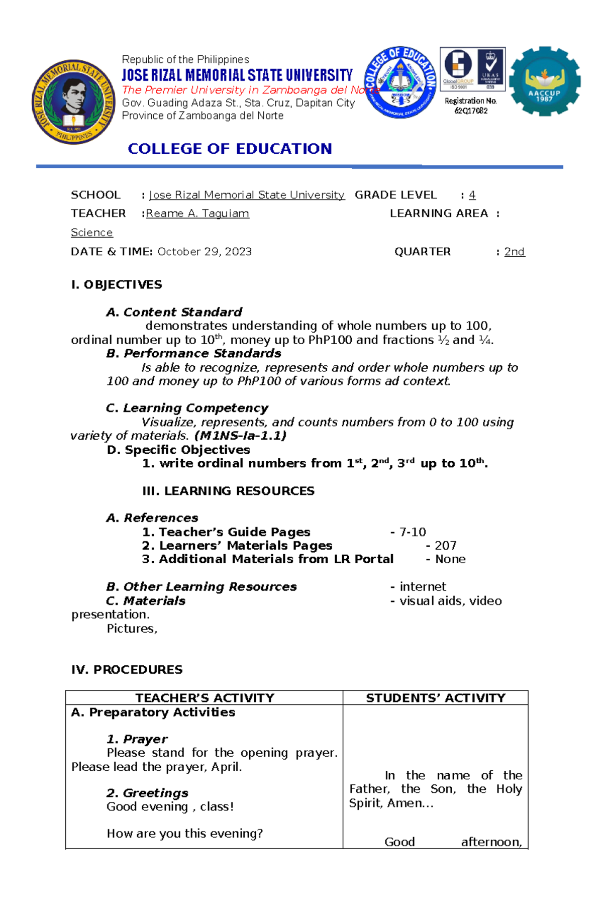 Lesson-Plan-Science-7Es - COLLEGE OF EDUCATION SCHOOL : Jose Rizal ...
