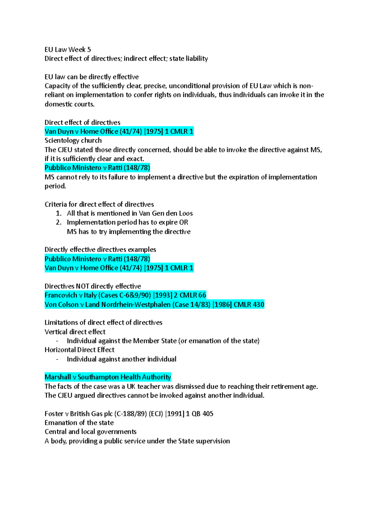 Eu Law Week 5 Direct Effect Of Directives Indirect Effect State Liability Direct Effect Of