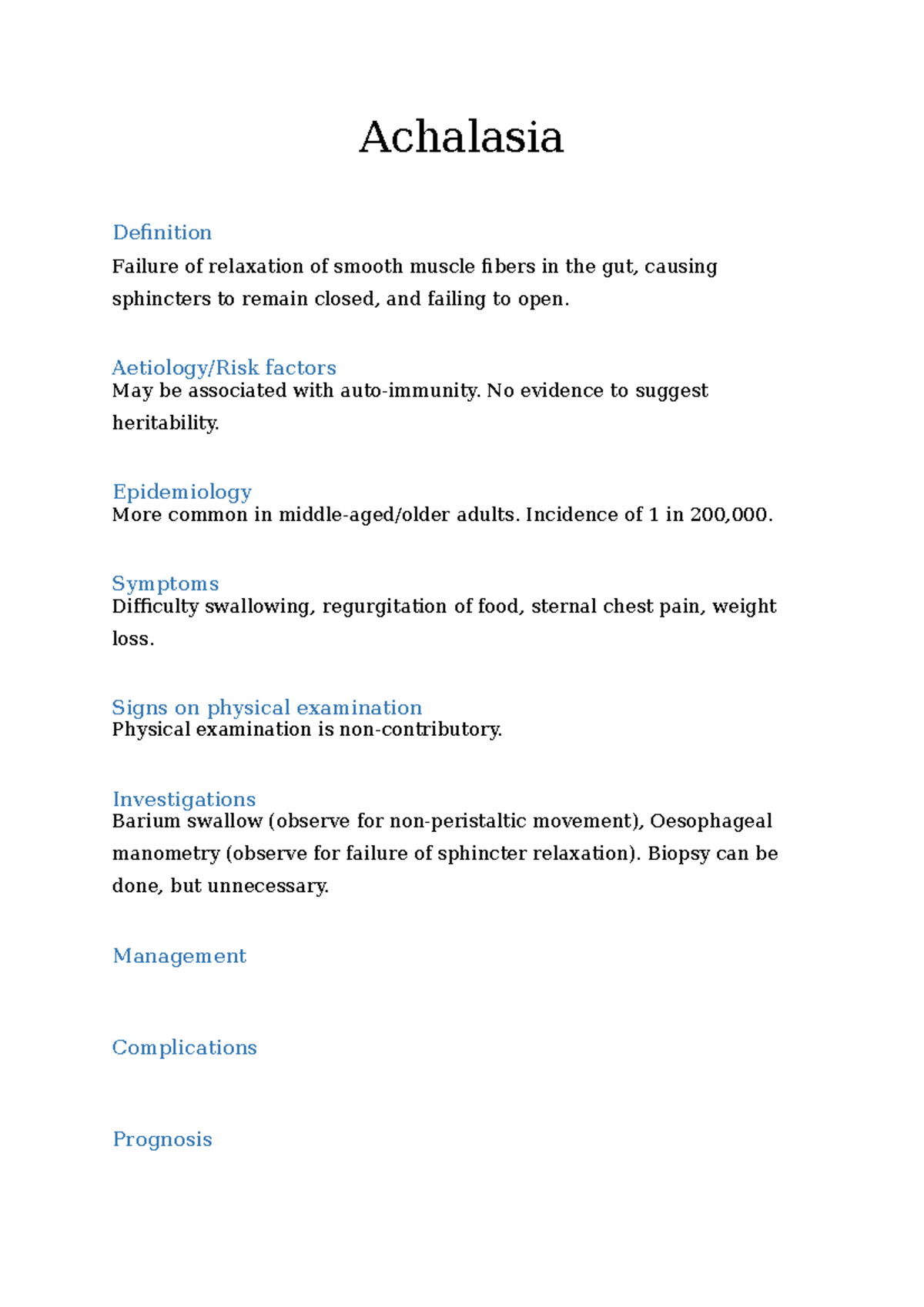 Gastrointestinal - GIT notes - Achalasia Definition Failure of ...