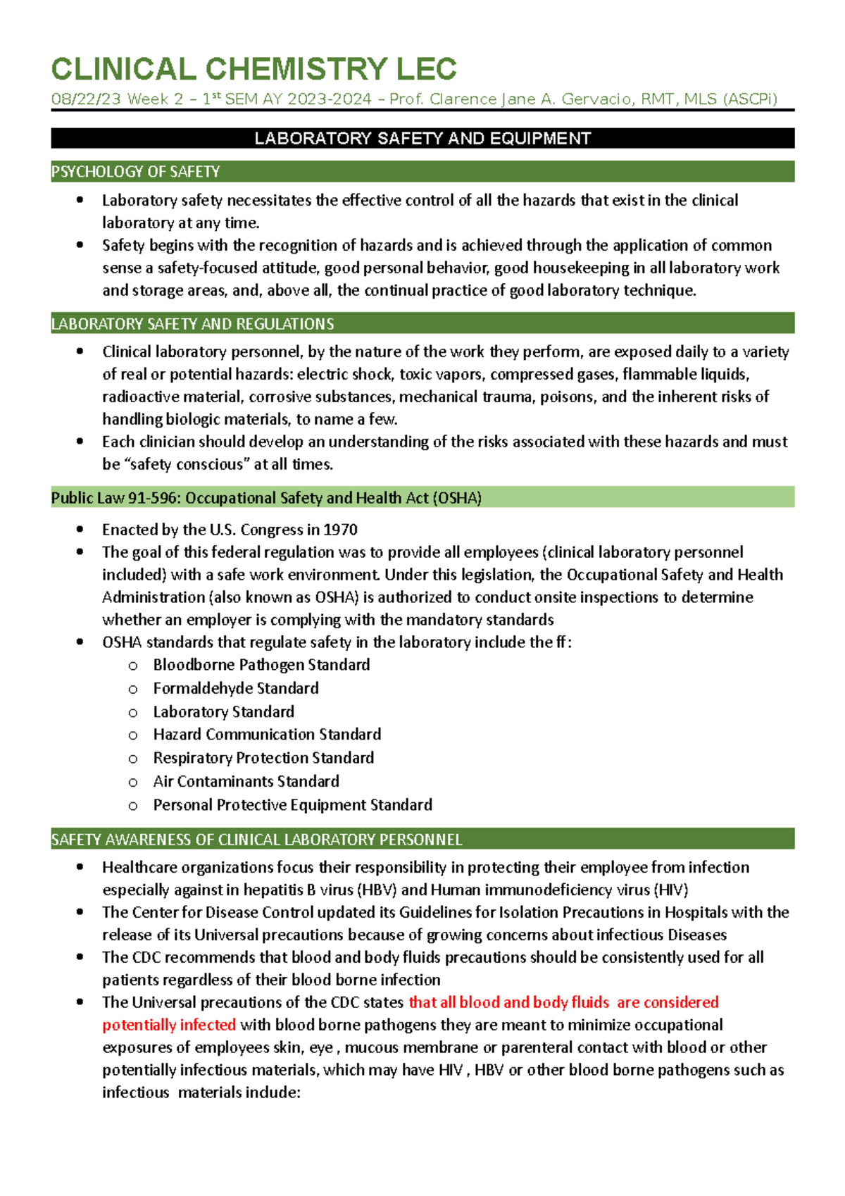 CC Lec 2 Lab Safety - CC Lec - CLINICAL CHEMISTRY LEC 08/22/23 Week 2 ...