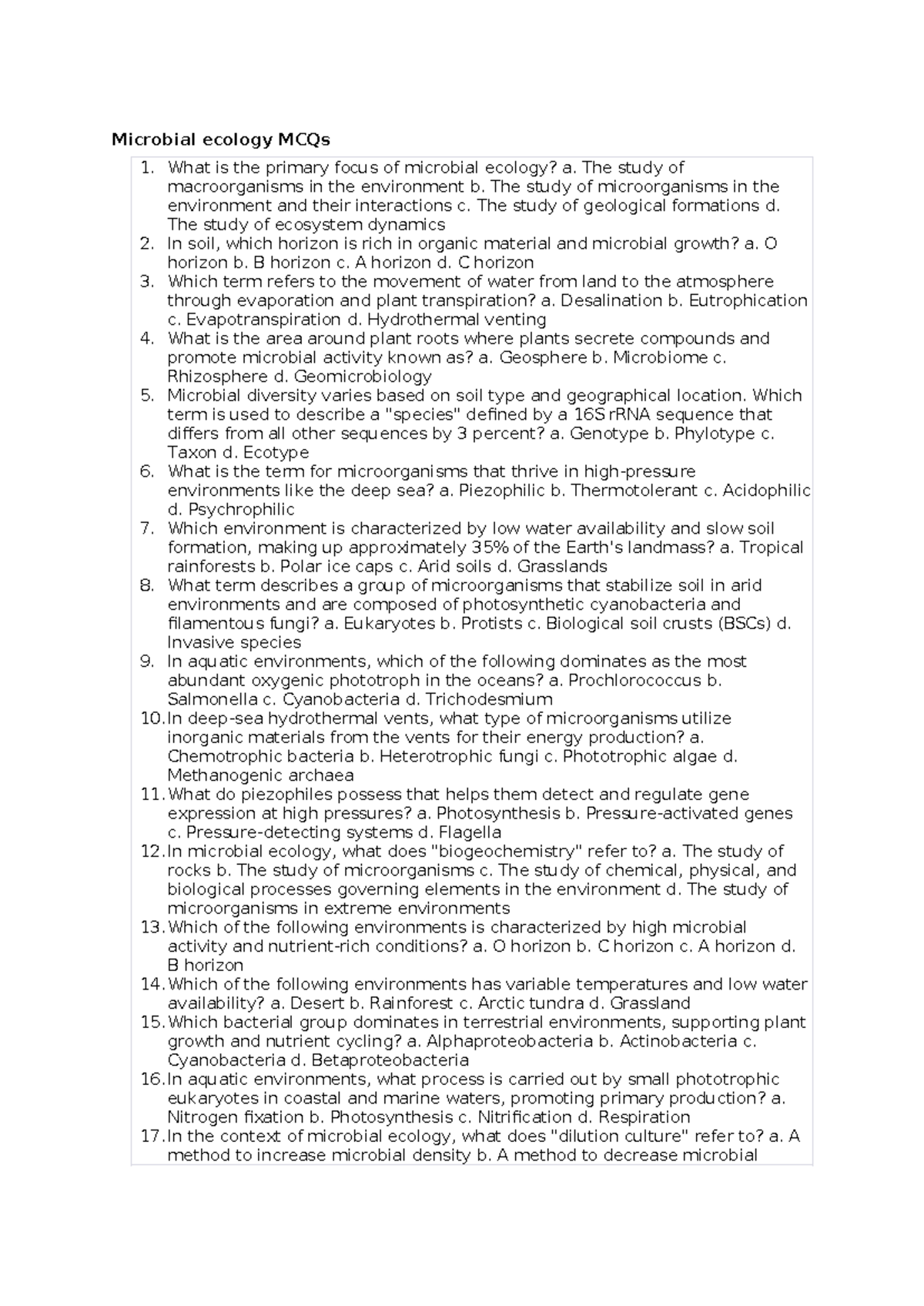 Microbial ecology MCQs - What is the primary focus of microbial ecology ...