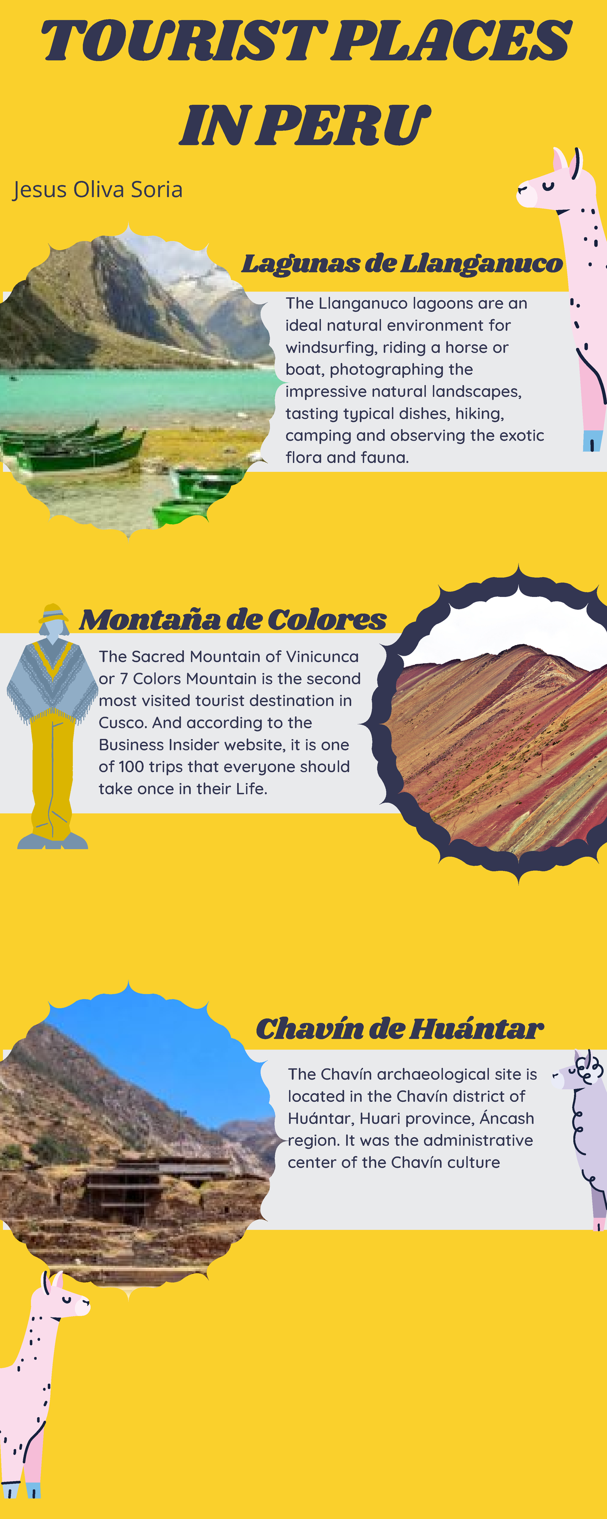 Infografico destinos turisticos en Peru con fotografias amarillo y azul ...
